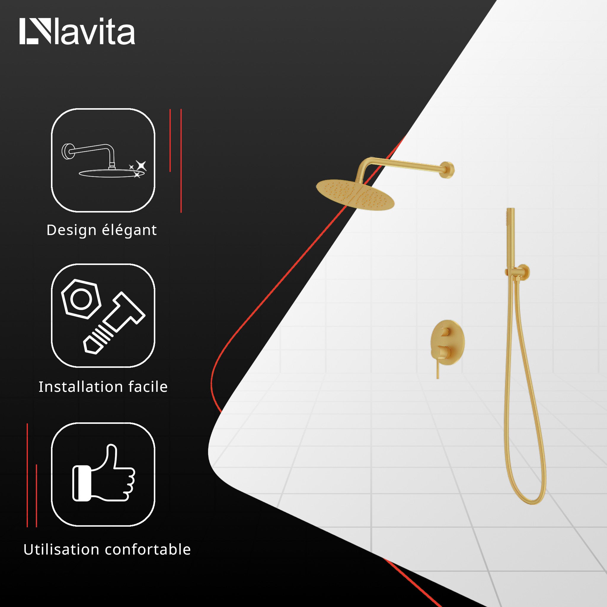 Lavita ORION BRUSHED GOLD Ensemble de douche à encastrer avec douche à ...