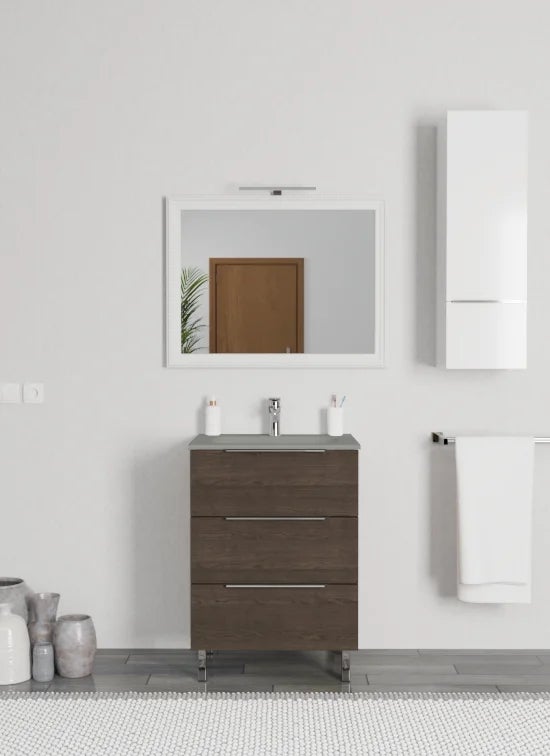 Mobile bagno a terra SIENA rovere scuro da 60 cm e lavabo cemento opaco ...