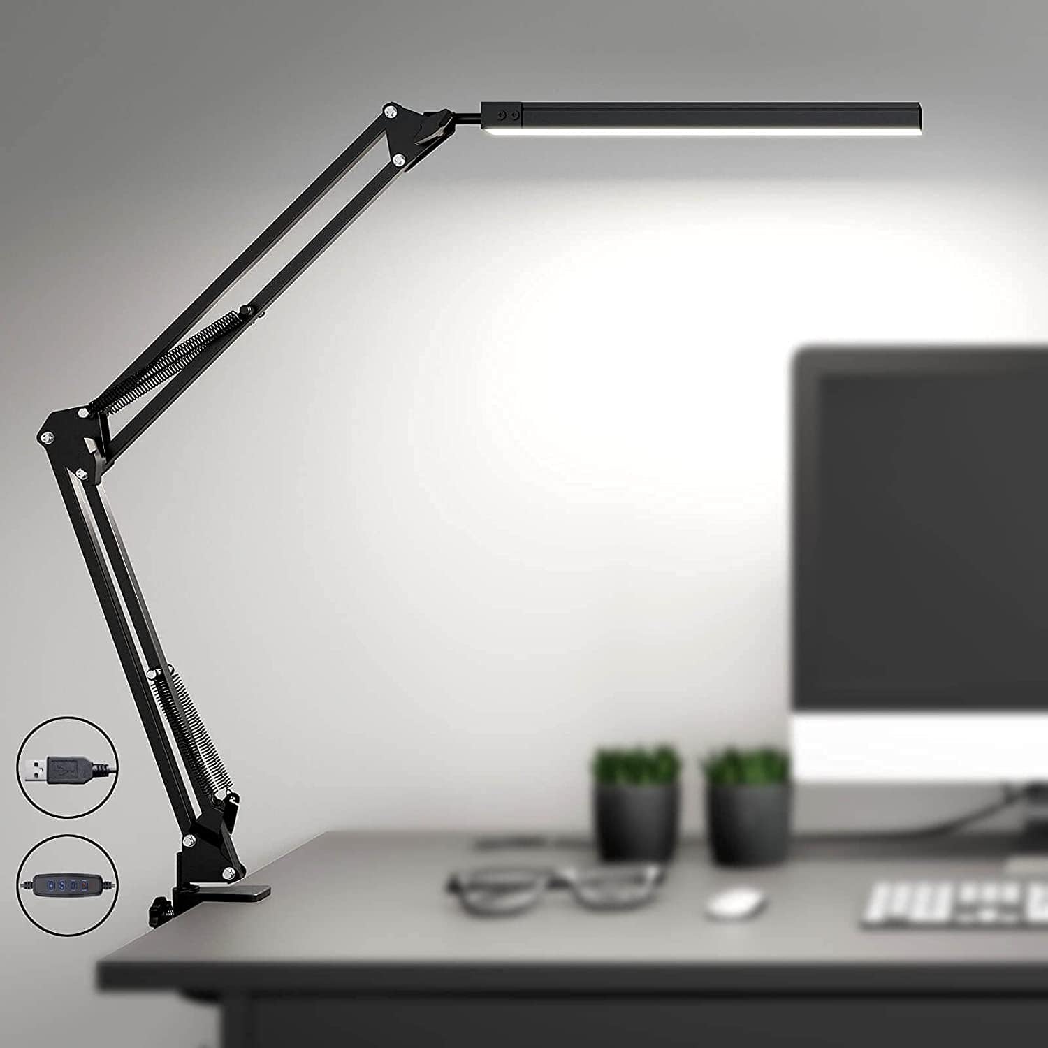 Lampe de bureau LED noire puissante avec pince - Protection des yeux ...