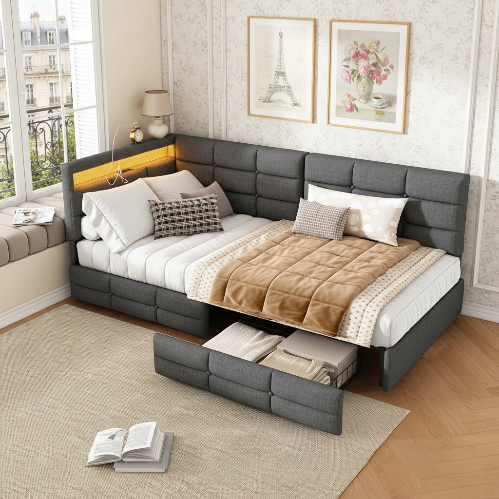 Lit coffre 90x200 cm - avec 2 tiroirs métalliques, L coussin, =USB ...