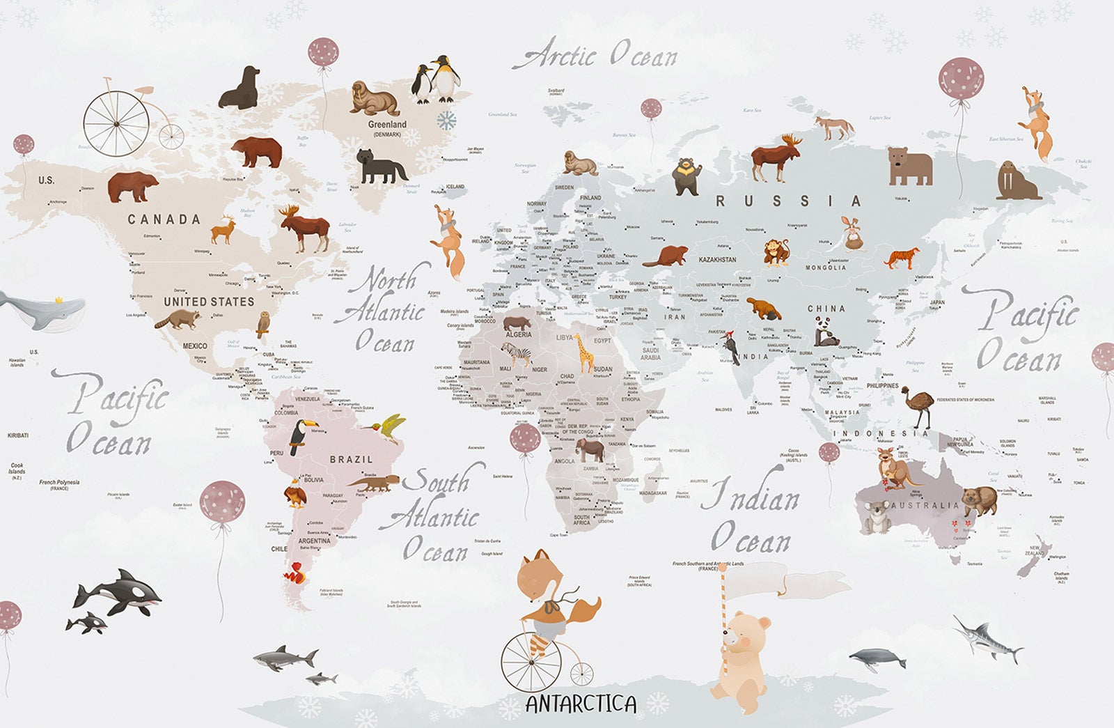 Papel Pintado Panorámico Niños Mapa Del Mundo Ancho 390 Cm X Altura