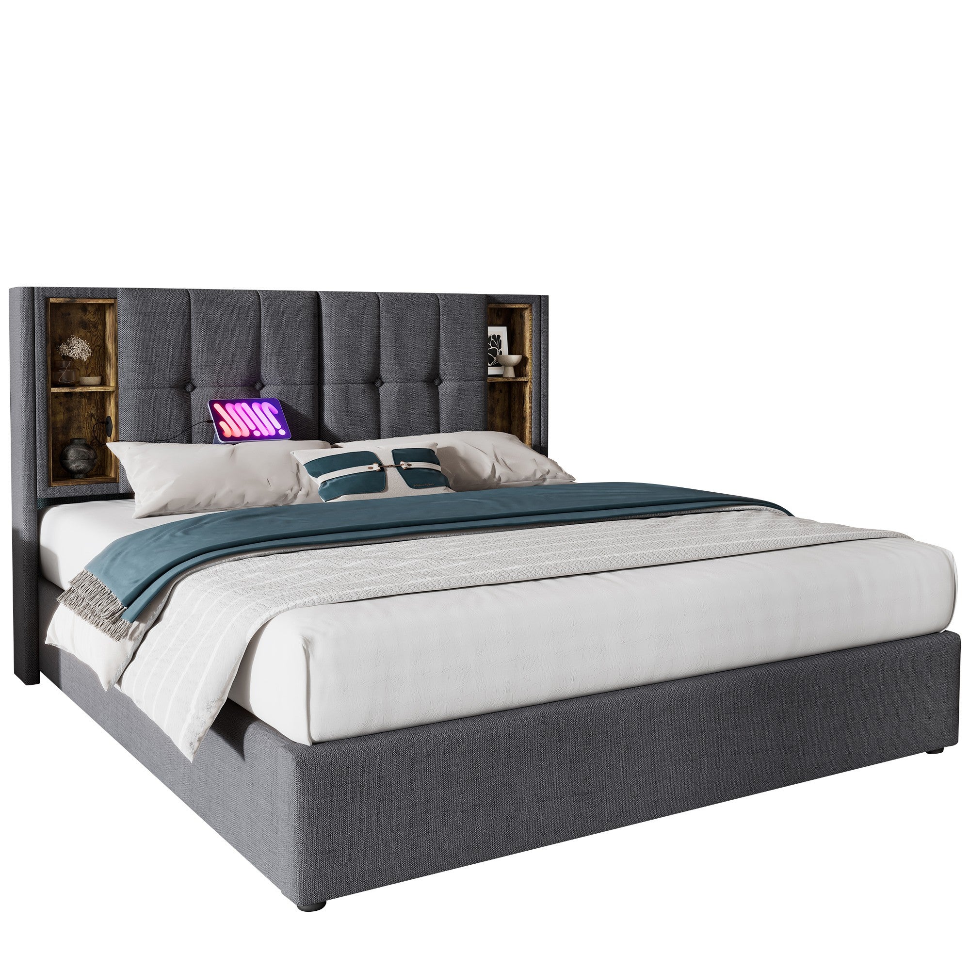 Lit coffre, avec chargement USB Type-C, lit adulte, bois, lit double ...