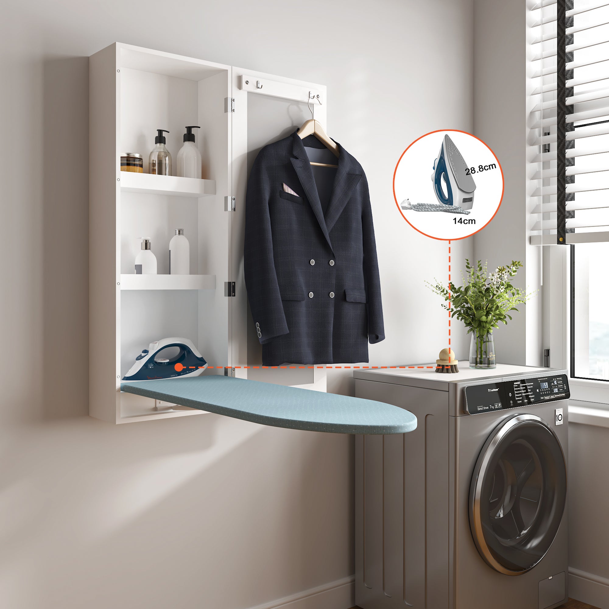 Table à repasser murale avec rangement, MDF, 35,5 x 17,5 x 95 cm, blanc ...