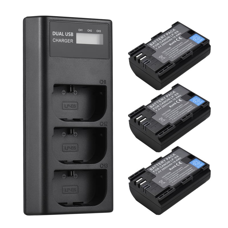 Caricabatterie LP-E6 a 3 posti con LED, porte micro USB e USB-C + 3 ...
