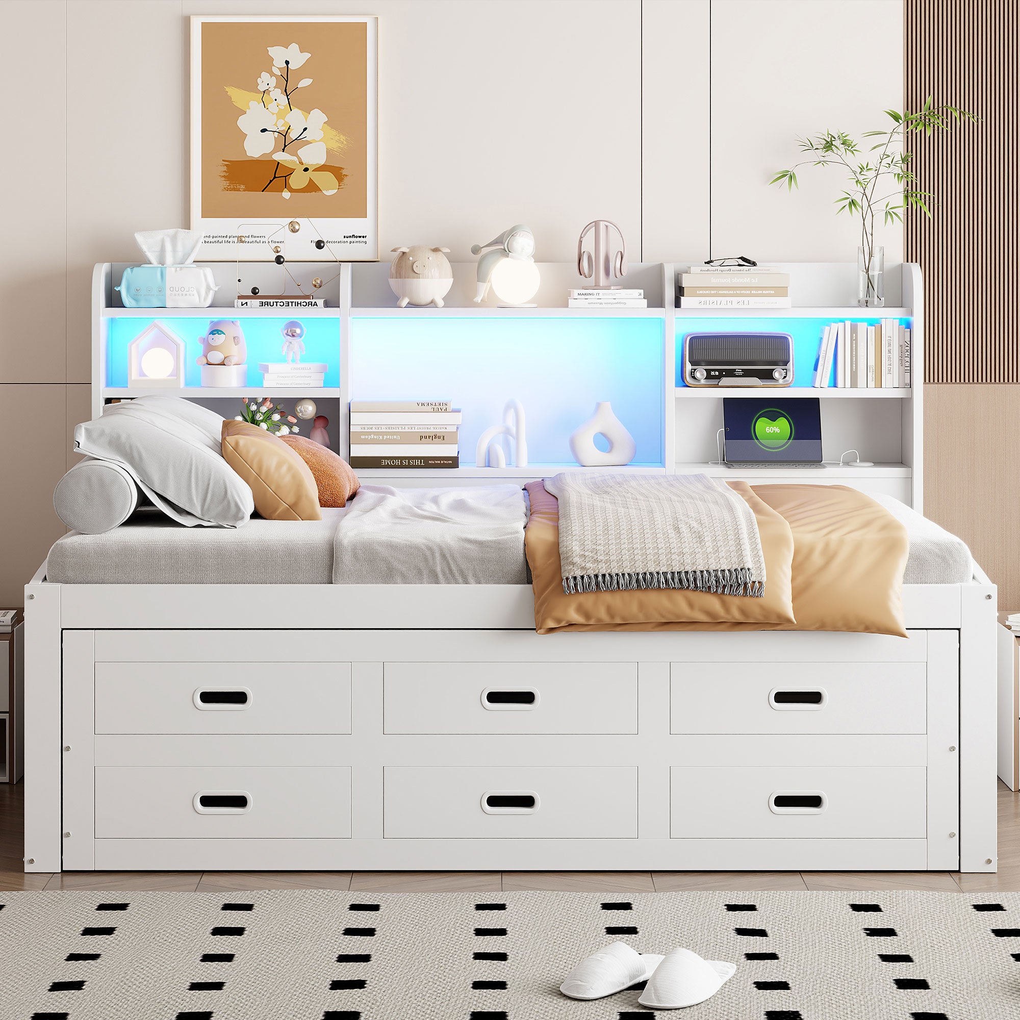 Canapé-lit 90x200cm - avec éclairage LED - 3 tiroirs - avec USB + Type-C - blanc (matelas non ...