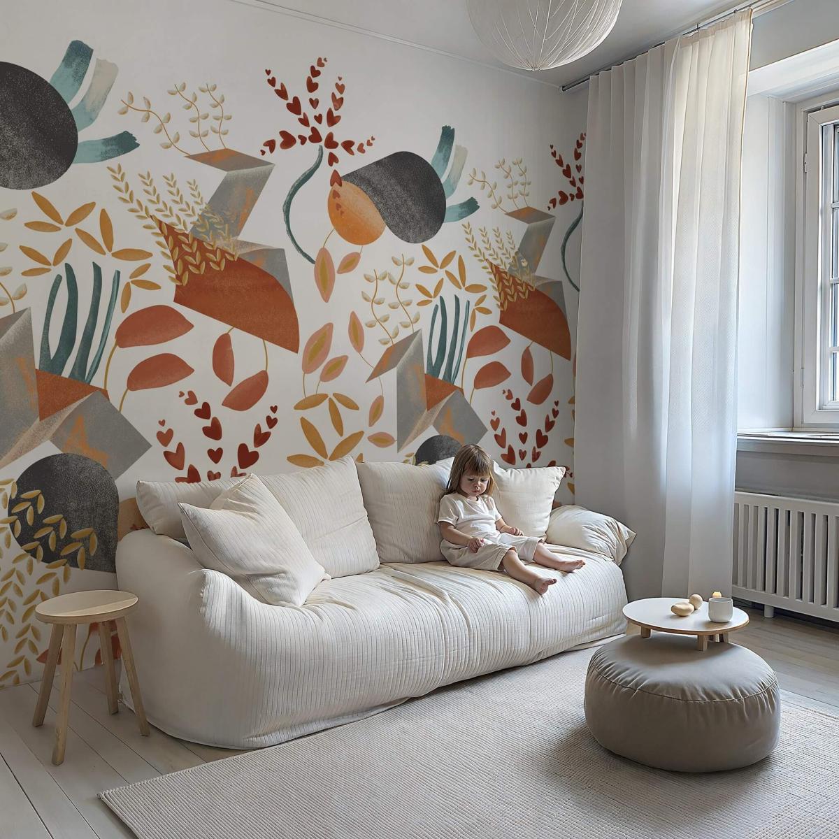 Papier peint design et contemporain avec formes géométriques et plantes ...