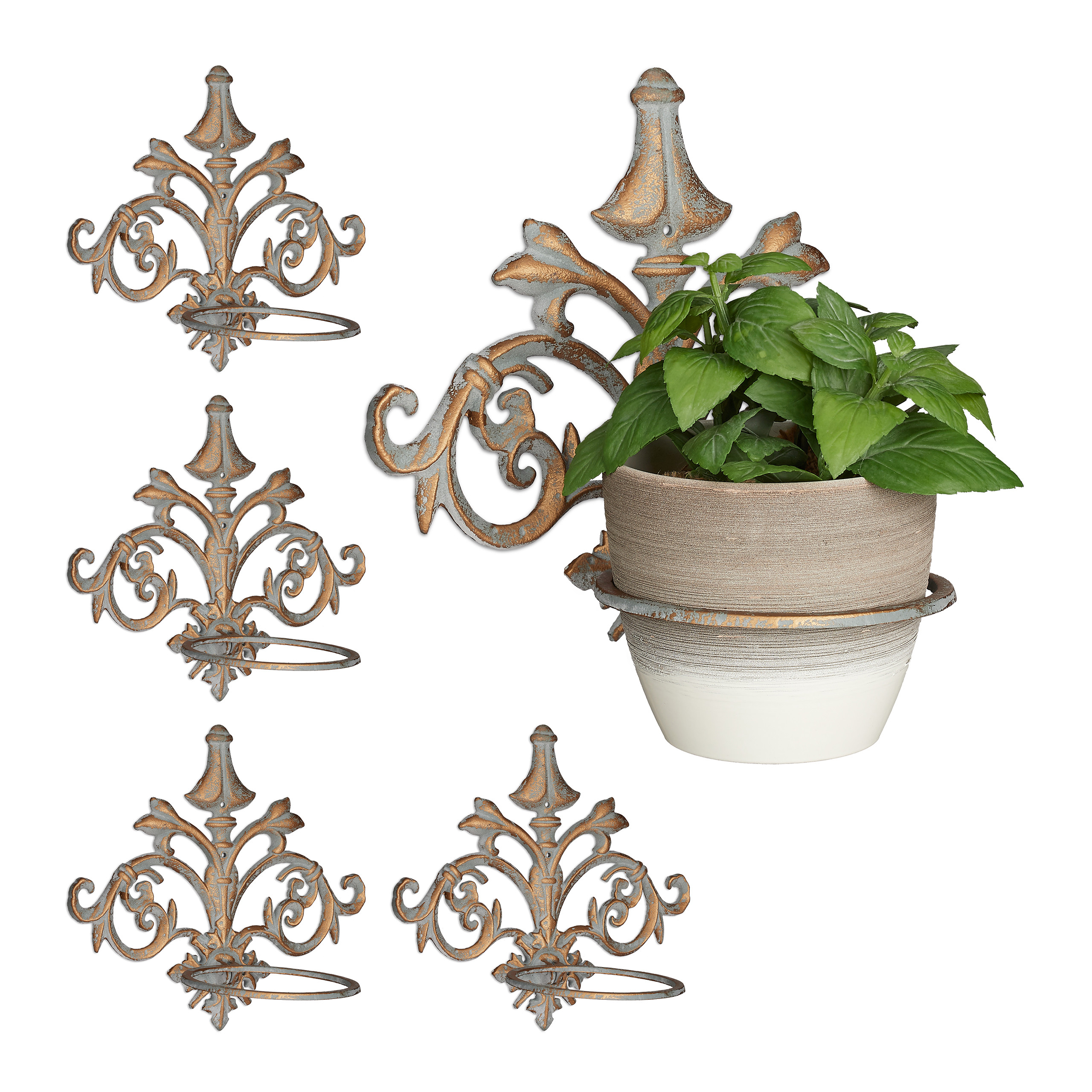 5x Supports pot de fleurs mural baroque, fonte, décoration, Porte ...