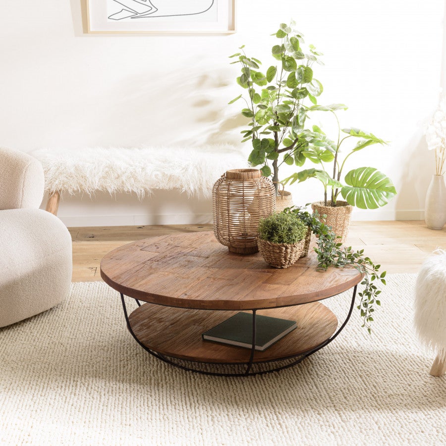 ALIDA - Table basse coque ronde 100x100cm double plateau teck recyclé ...