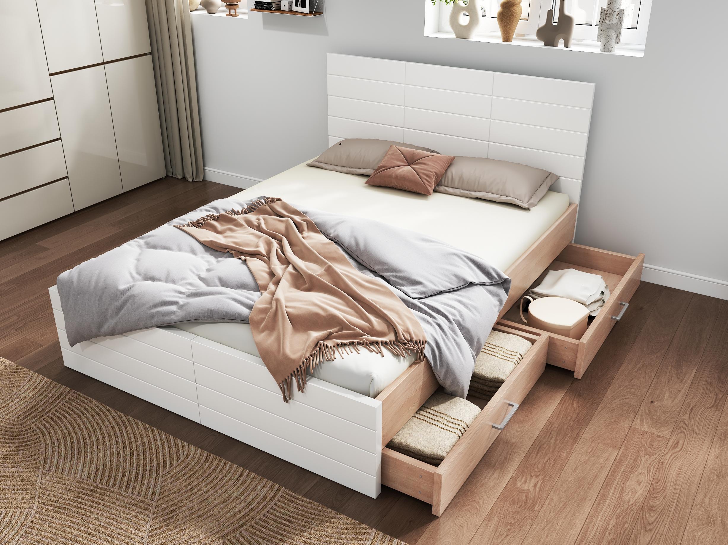 Cama doble 180×200 cm en madera - con 2 cajones y somier - Blanco y ...