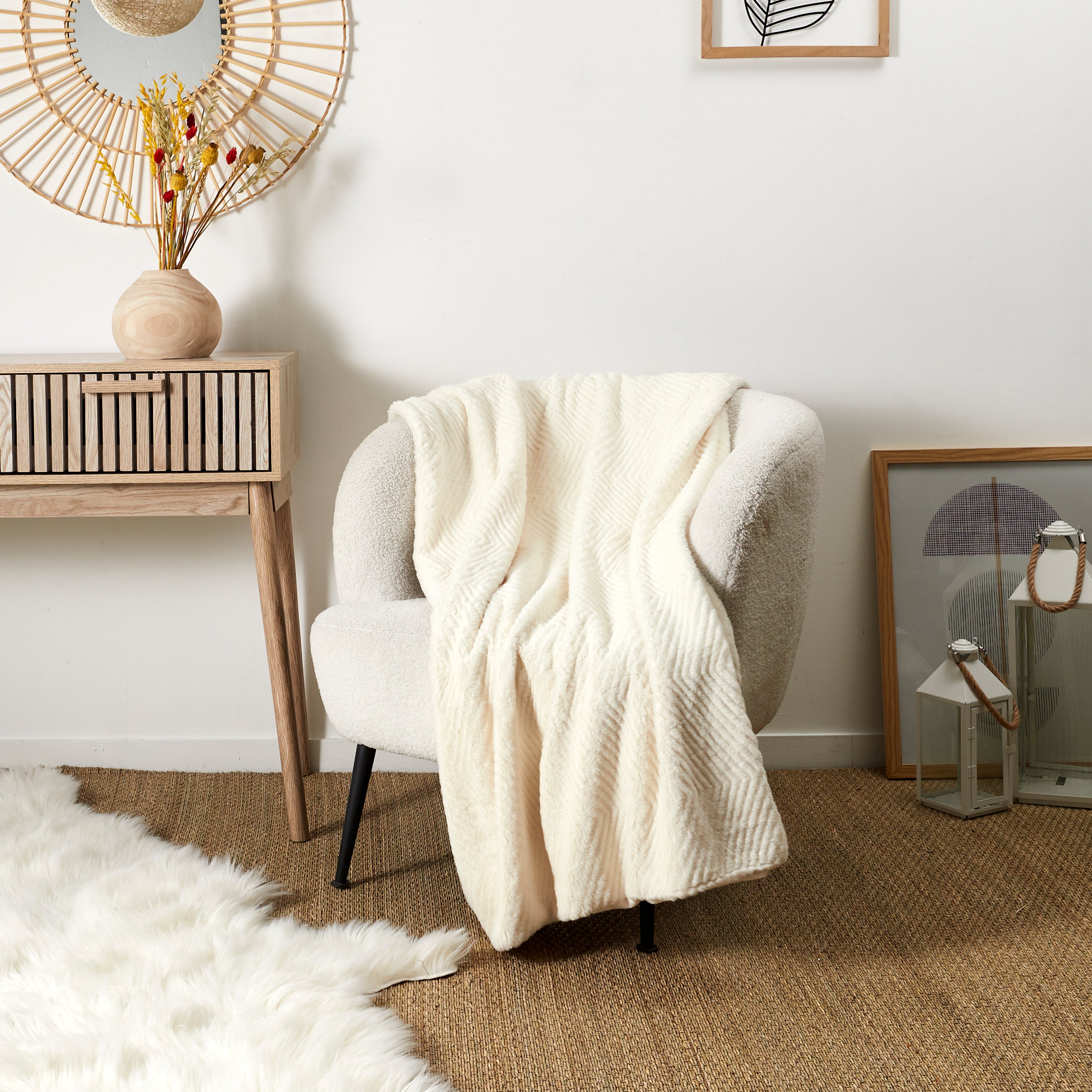Plaid - HOME DECO FACTORY - Fausse Fourrure - Géométrique - Blanc ...