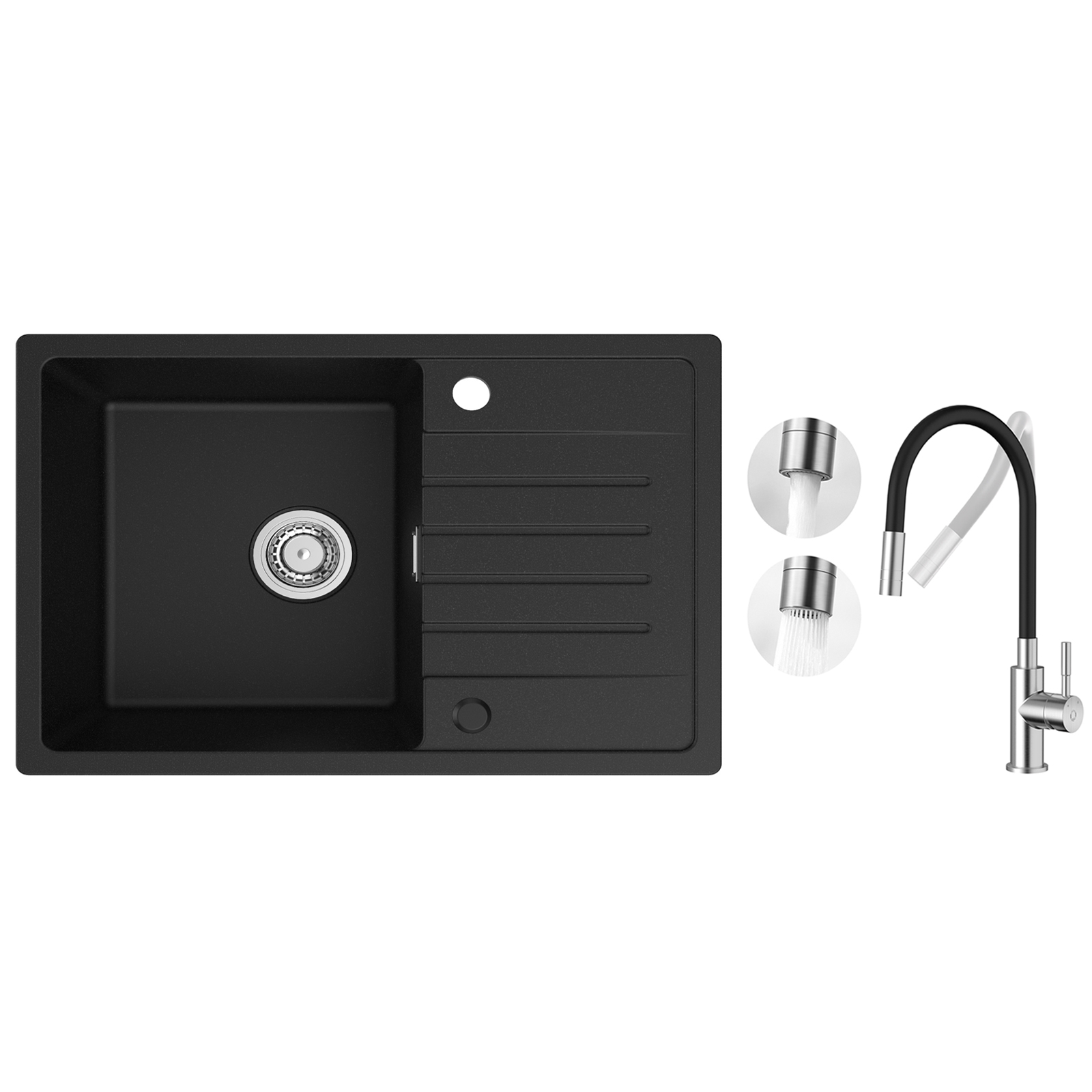 Evier 1 Bac avec Egouttoir, 78x45cm Evier en Quartz et résine Noir ...