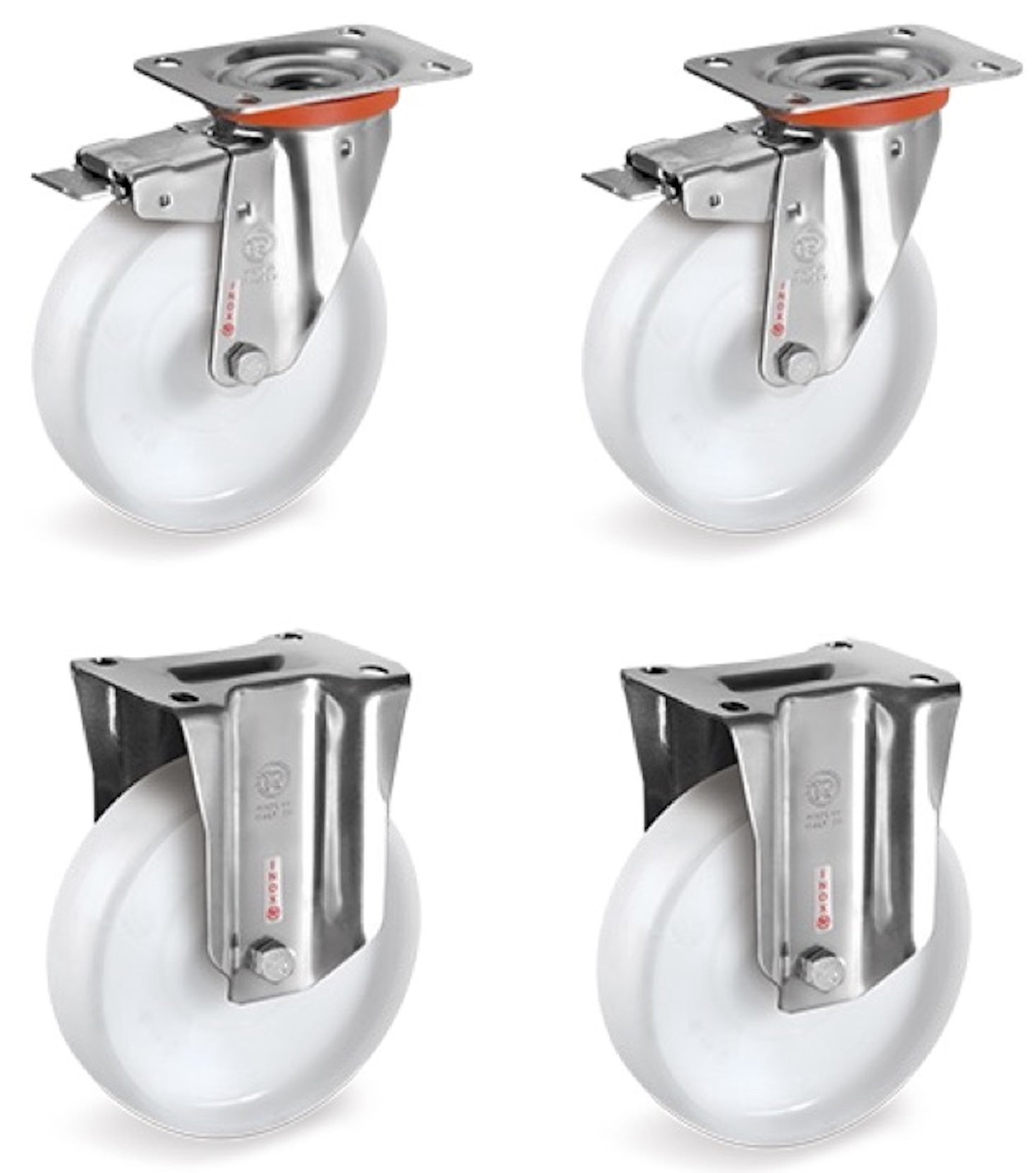 Lot de 4 roulettes INOX pivotantes à frein et fixes plastique blanc 80 ...