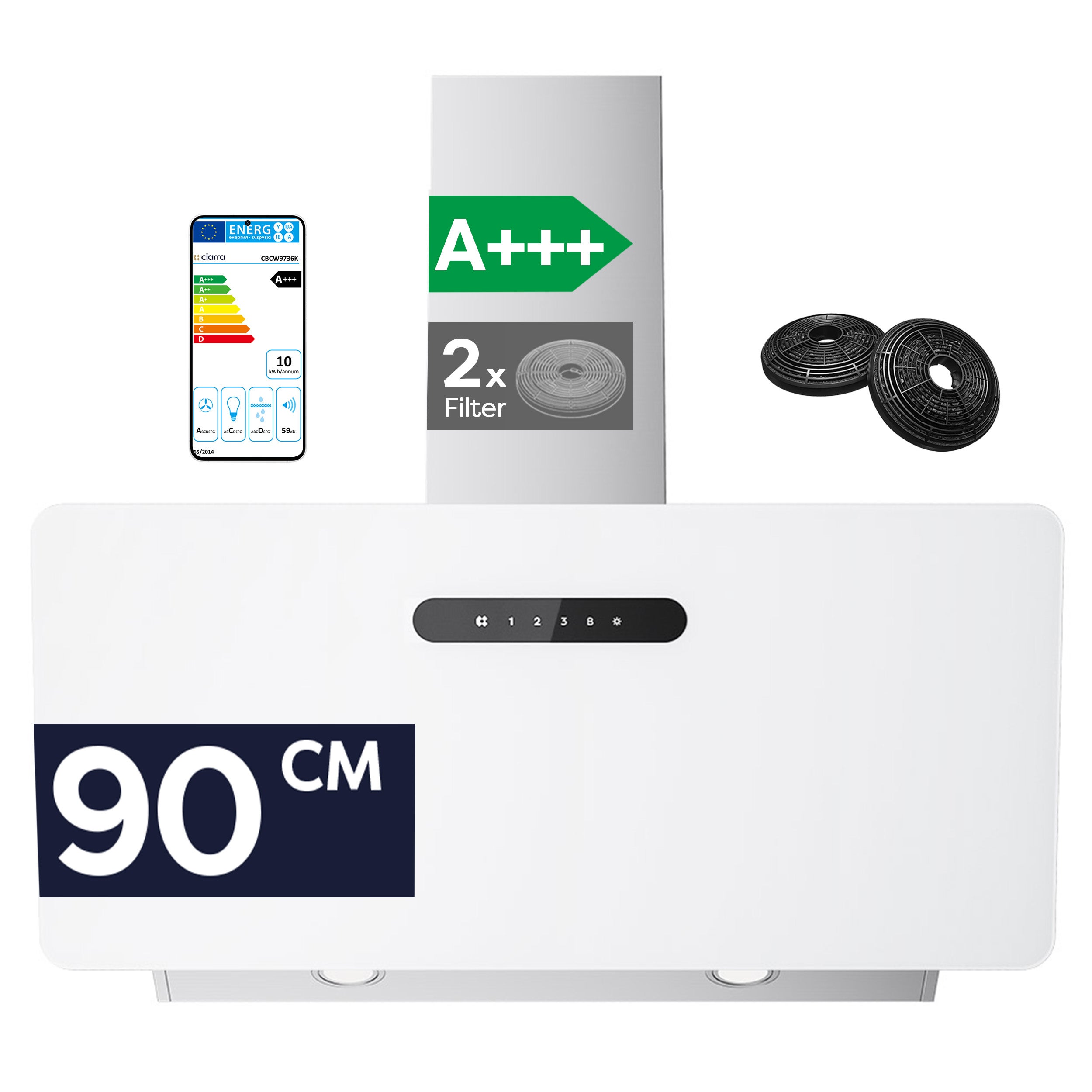 CIARRA Hotte Aspirante 90 cm 650 m³/h A+++ 4 Vitesses Booster Wi-Fi ...