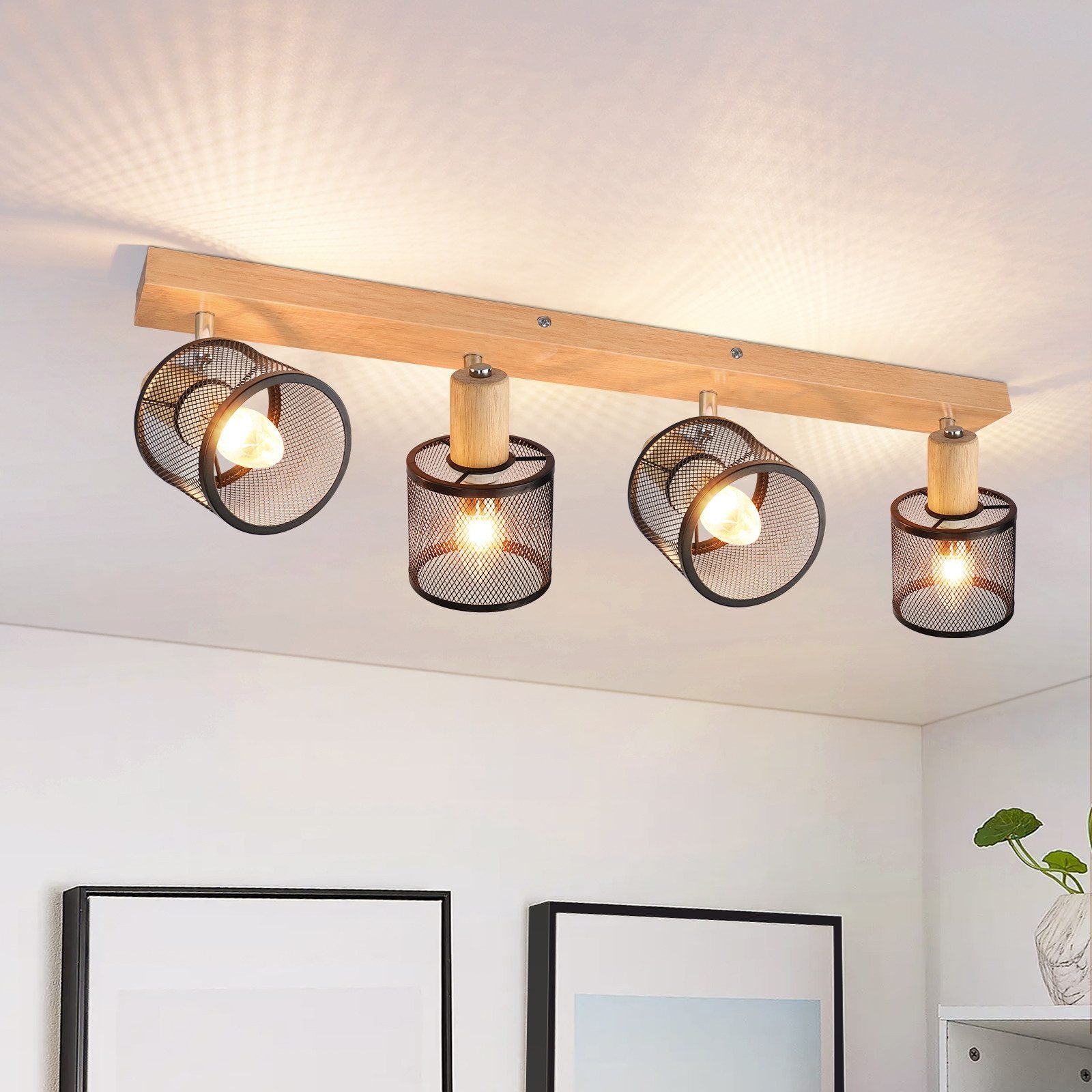 NETTLIFE Plafonnier 4 Spots noir aspect bois - plafonnier E14 ...