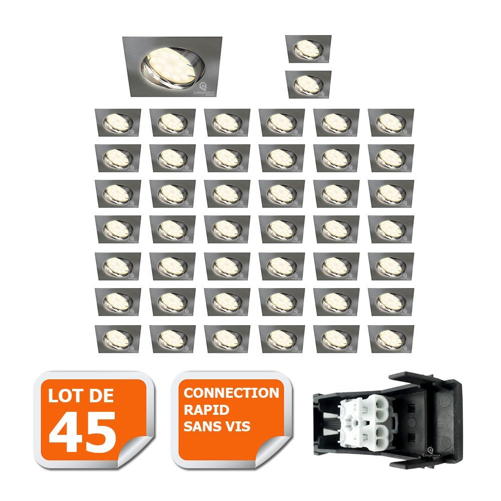 Lot de 45 spot encastrable orientable LED carré alu brossé GU10 230V eq. 50W blanc neutre ...