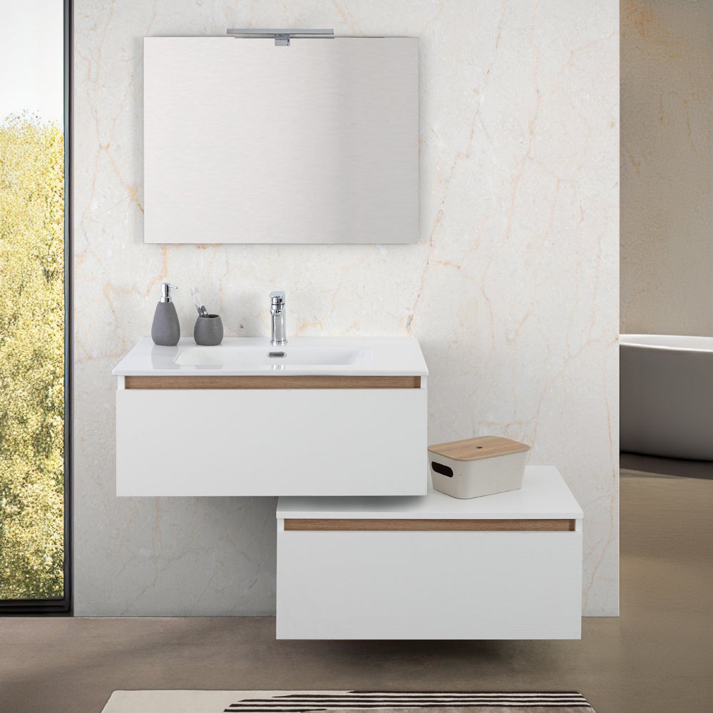Mobile bagno sospeso 80 cm bianco e rovere con cassetto sfalsato Kleo ...