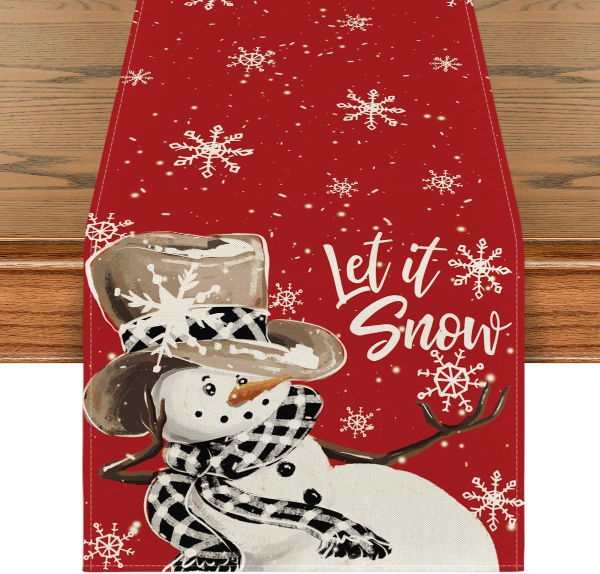 Camino de mesa invernal "Muñeco de nieve rojo y copos de nieve", 33 x ...