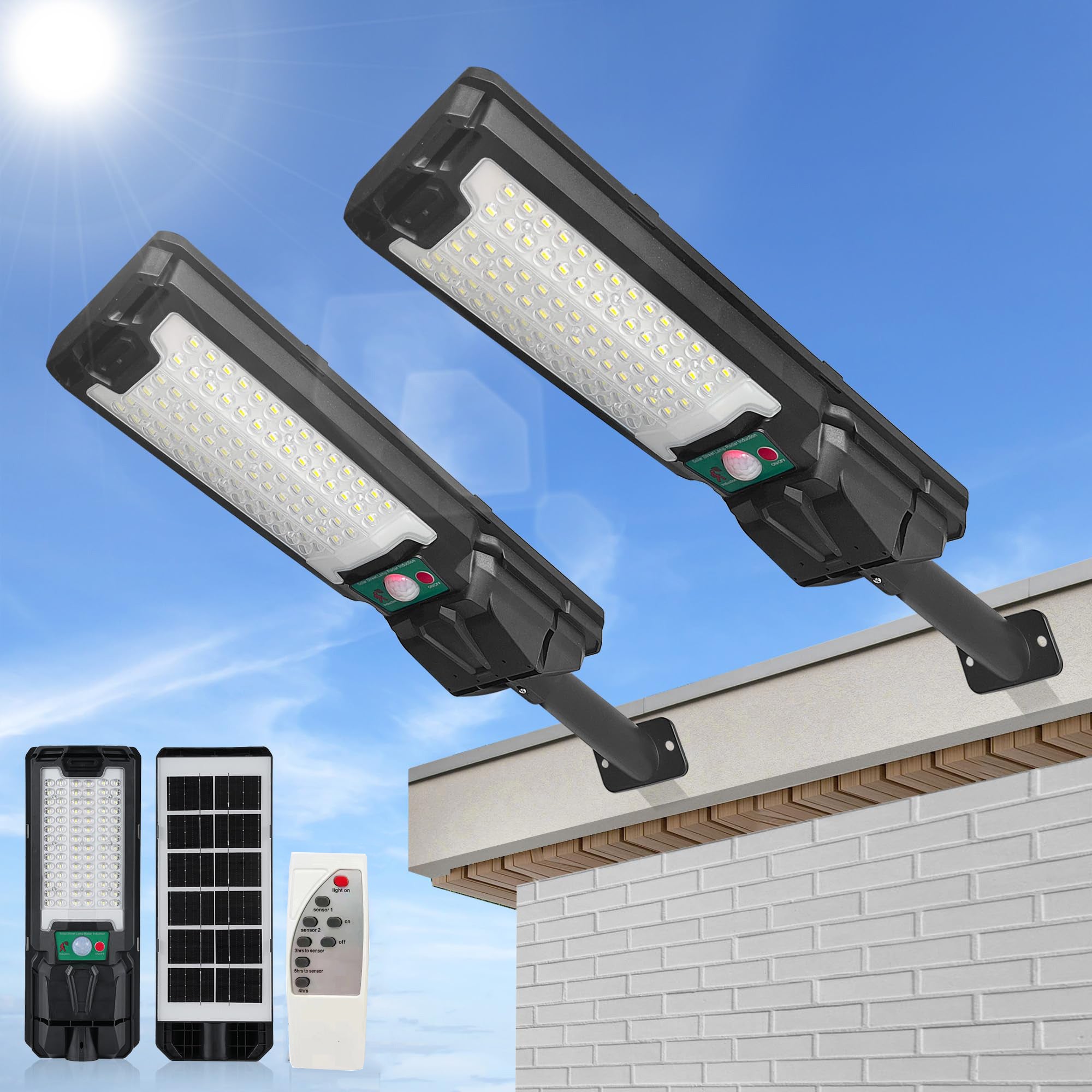 2 lampadaires solaires 200 W avec détecteur de mouvement, éclairage de sécurité extérieur ...