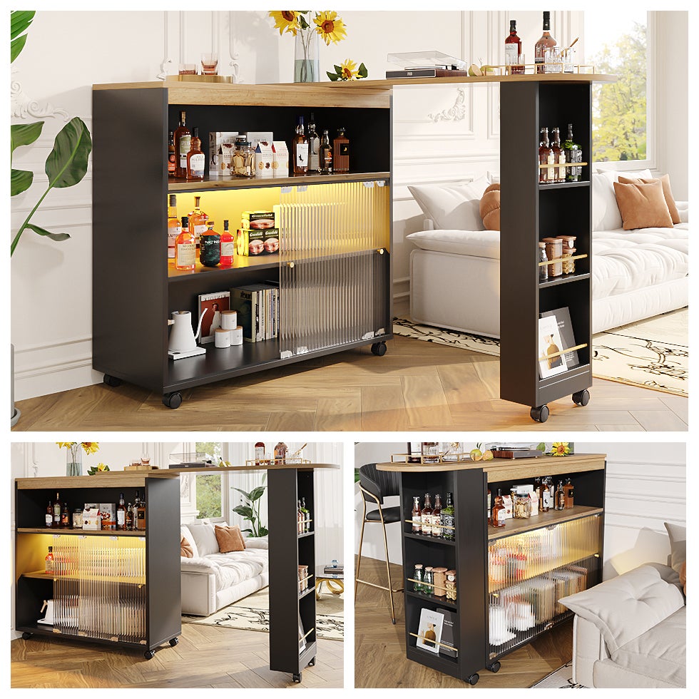 Meuble de bar pivotant - 2 portes en verre coulissantes, 3 étagères de ...