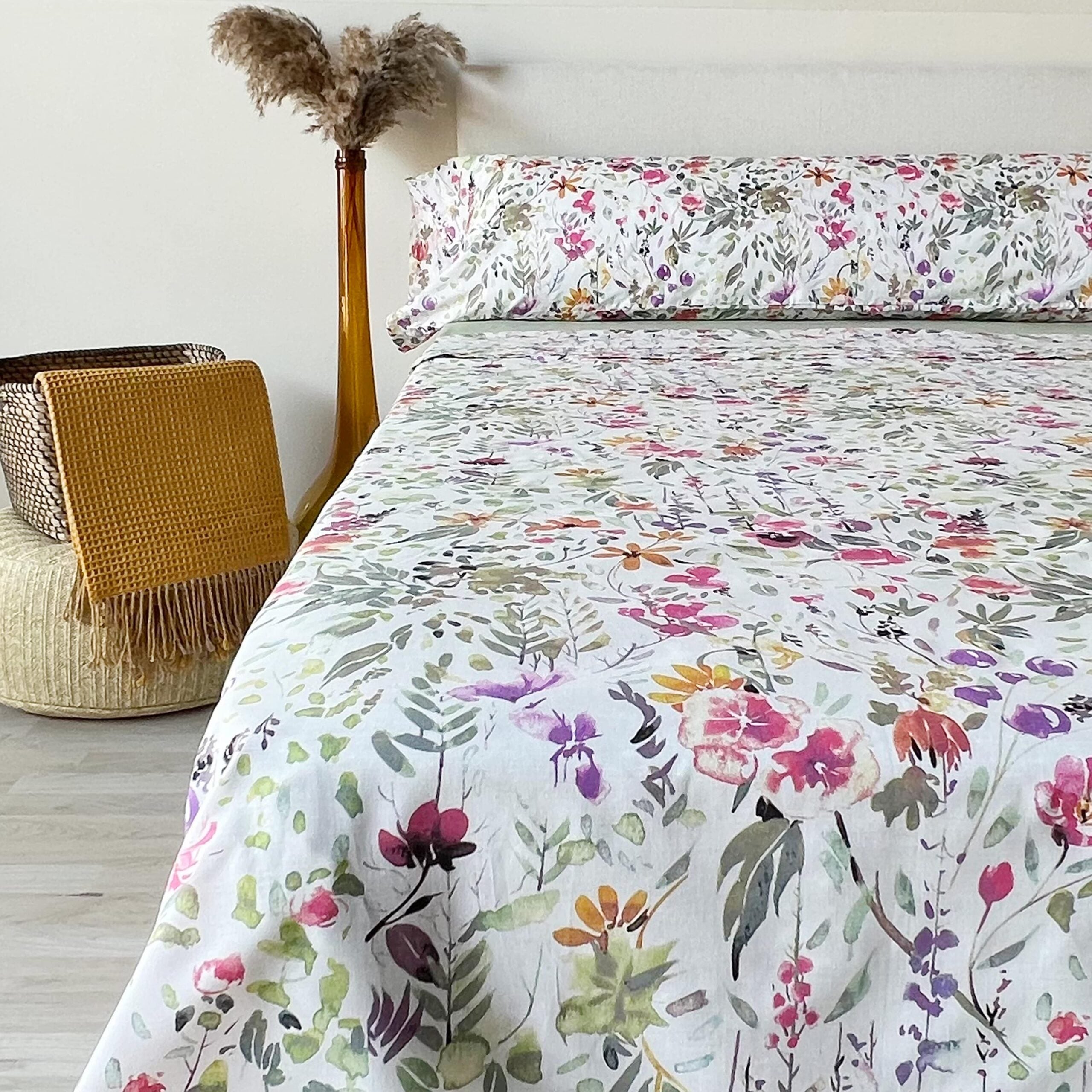 Set lenzuola 100% cotone Fiori Acquerello Multicolore 3 Pezzi - Letto ...