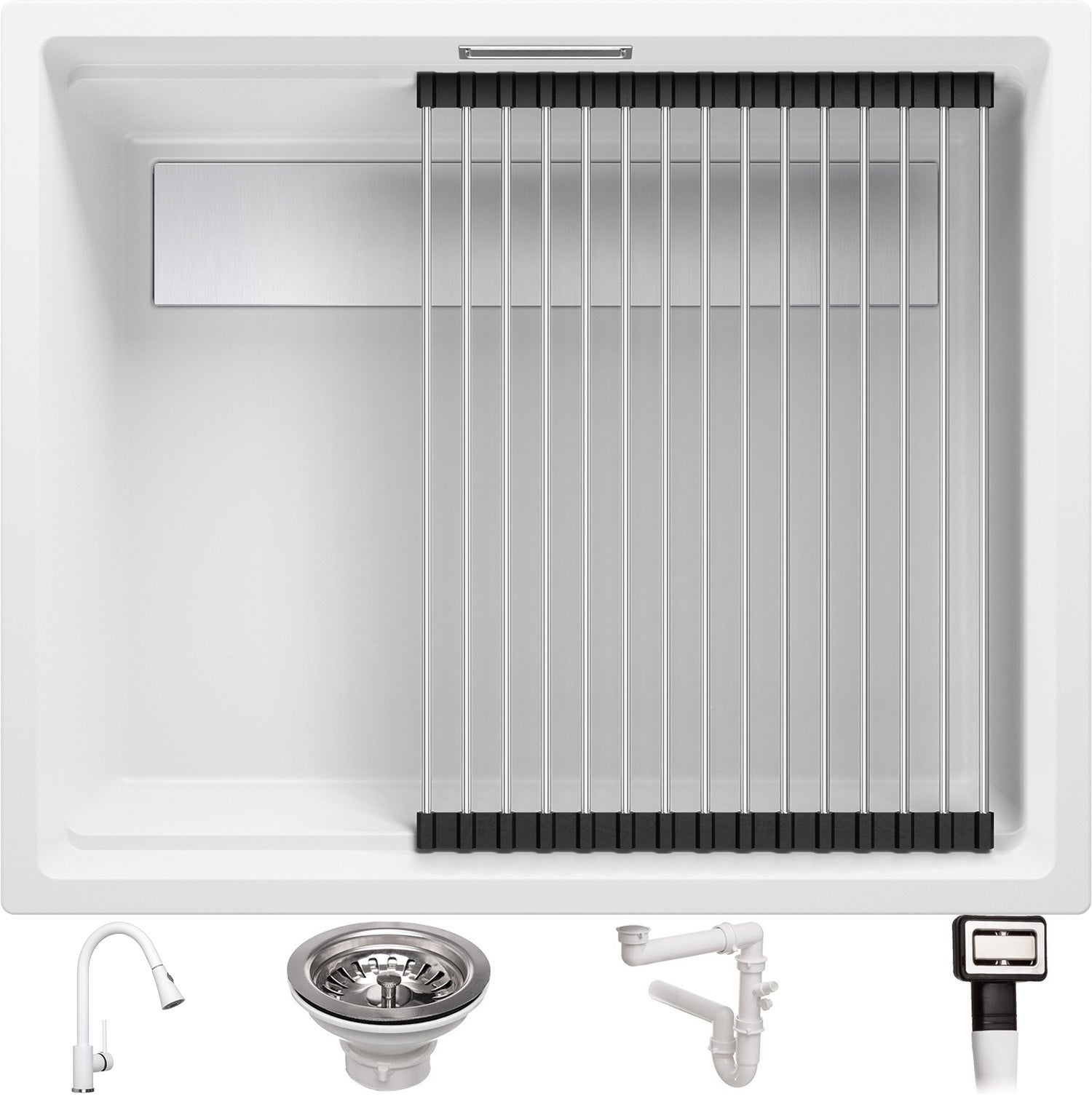 Evier Cuisine en Granit Blanc 56x47cm, 1 bac + Kit de Vidage + Robinet ...