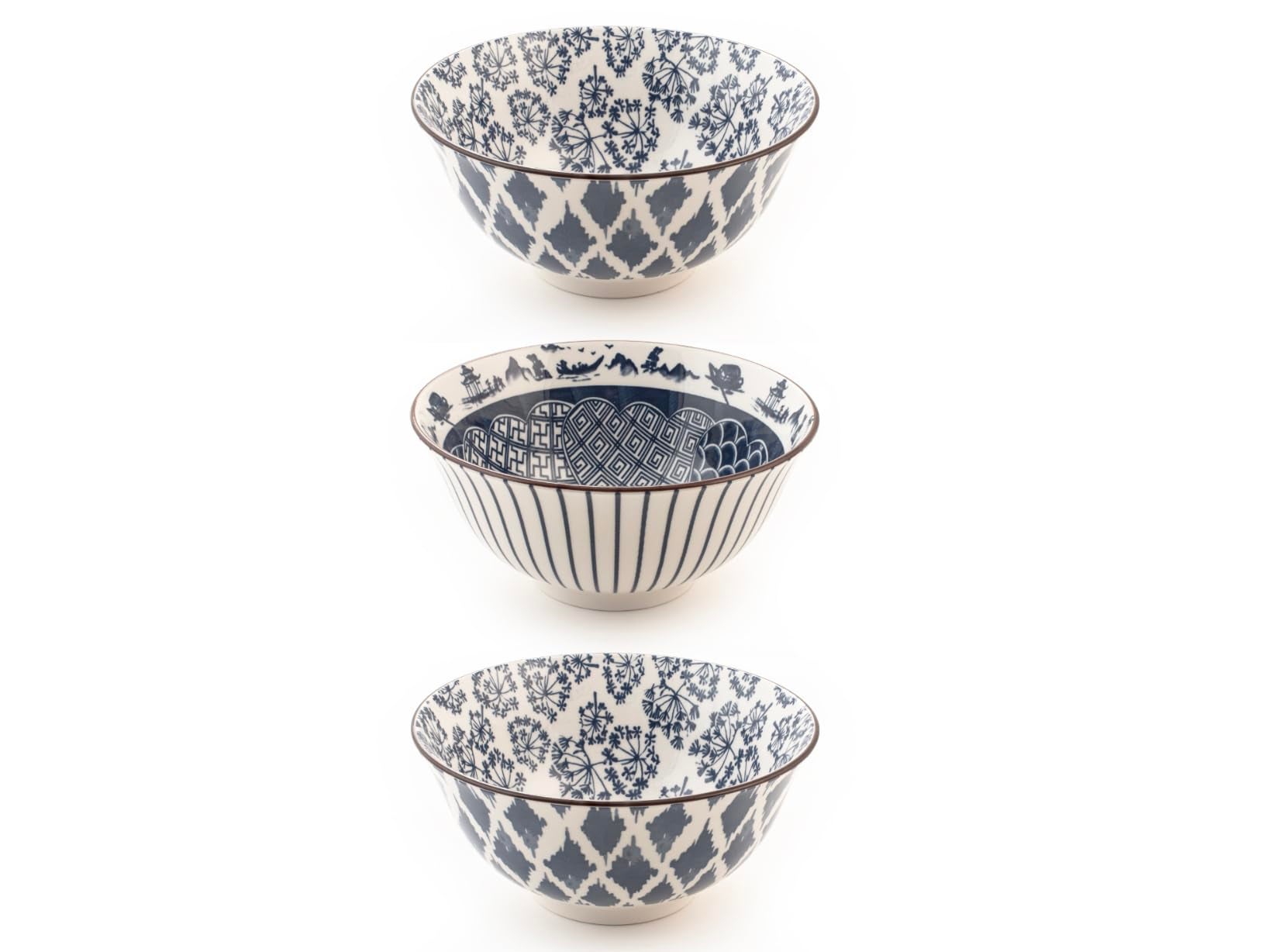 H&H Seta Set 3 Coppe Poke in Porcellana, Tonde, Decori Assortiti, 16cm ...