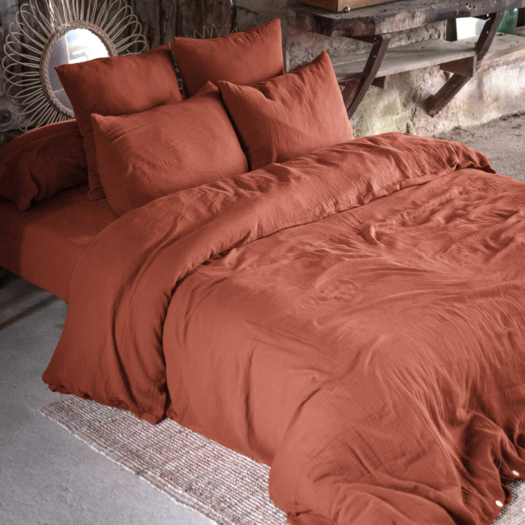 Parure de lit double gaze de coton orange terracotta 240x220 cm | Leroy ...