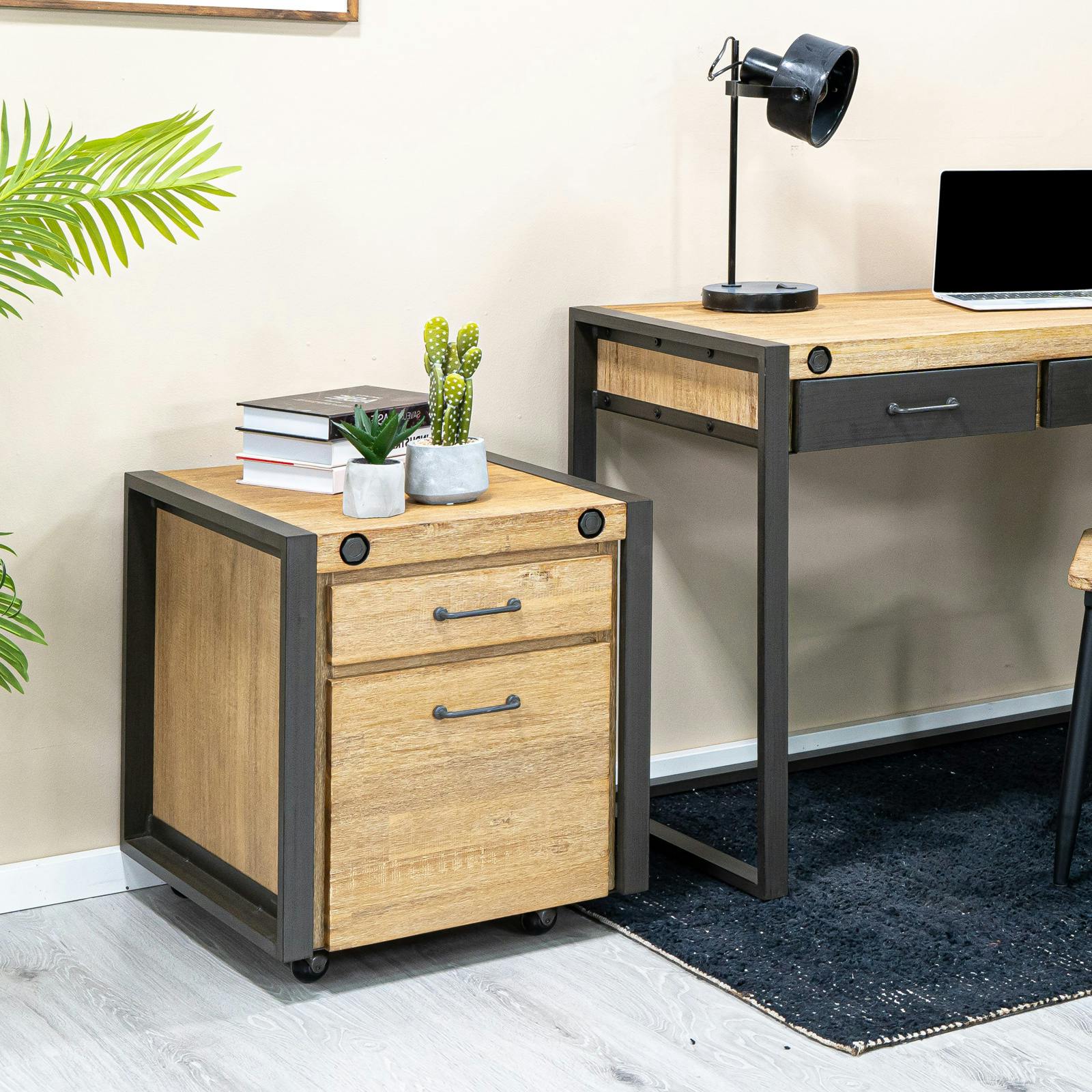 Meuble bas / Caisson de Bureau à roulettes Inspiration Indus' en Acacia ...