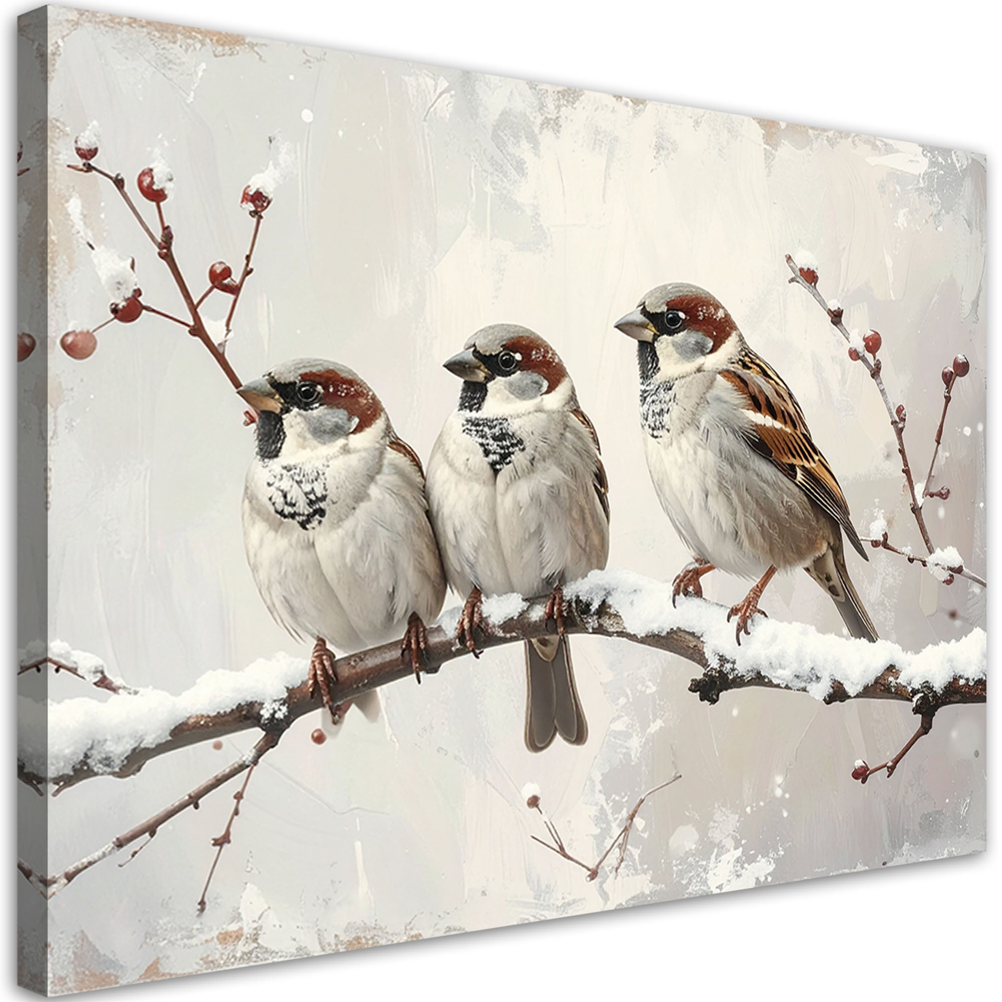 Impression sur Toile Moineaux perchés sur une branche en hiver 90x60 ...