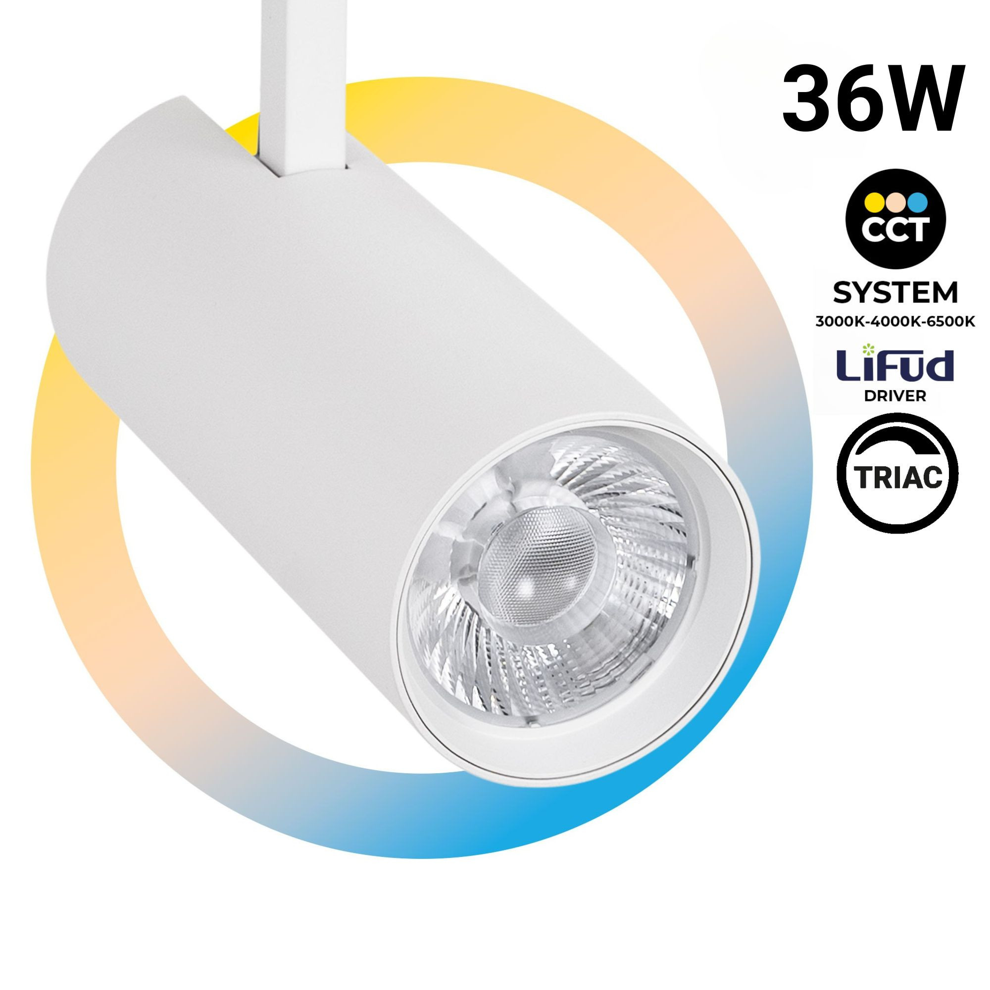 Projecteur LED monophasé sur rail - 36W - CCT - dimmable TRIAC - CRI90 ...