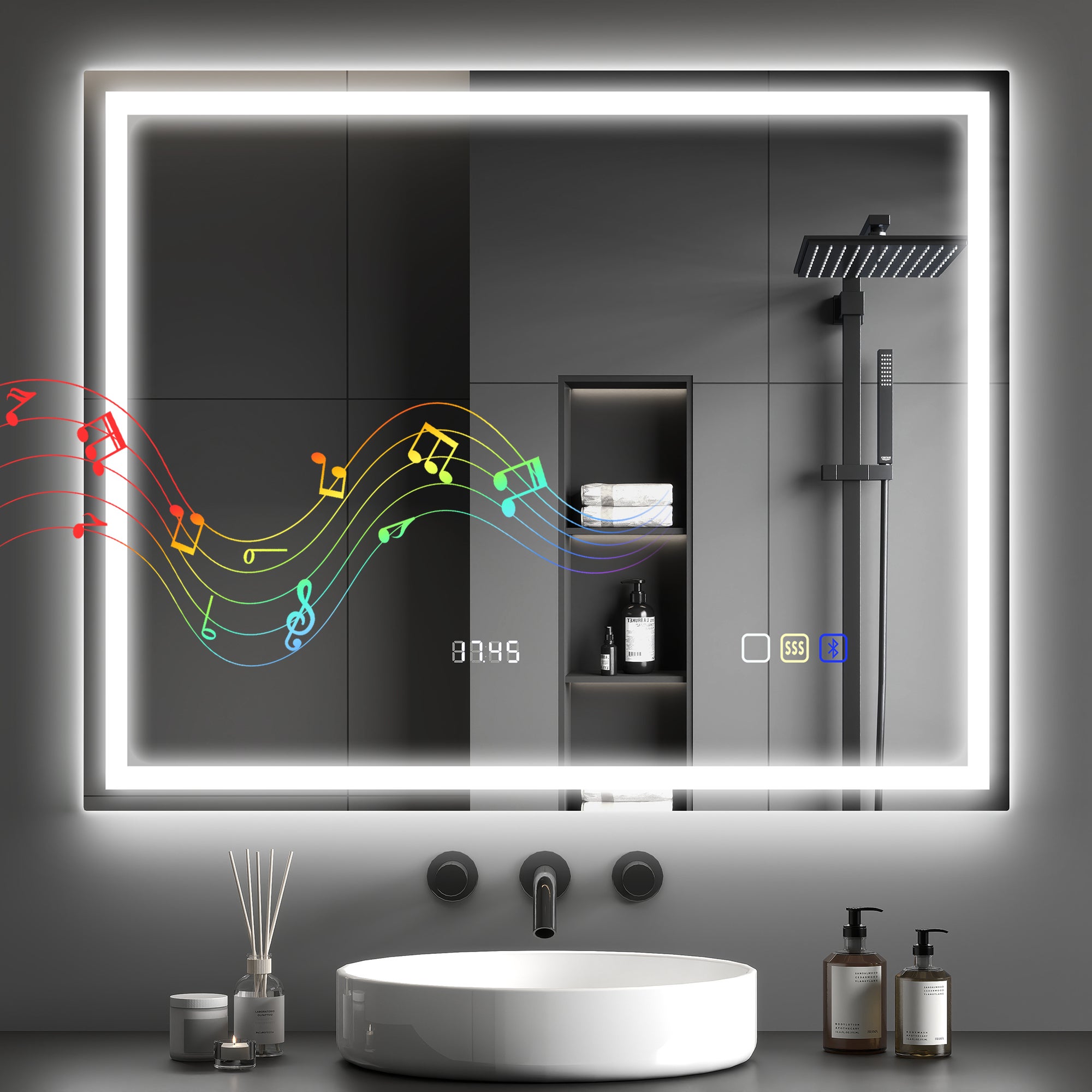 Miroir salle de bain LED bluetooth 80 x 100 cm interrupteur tactile ...
