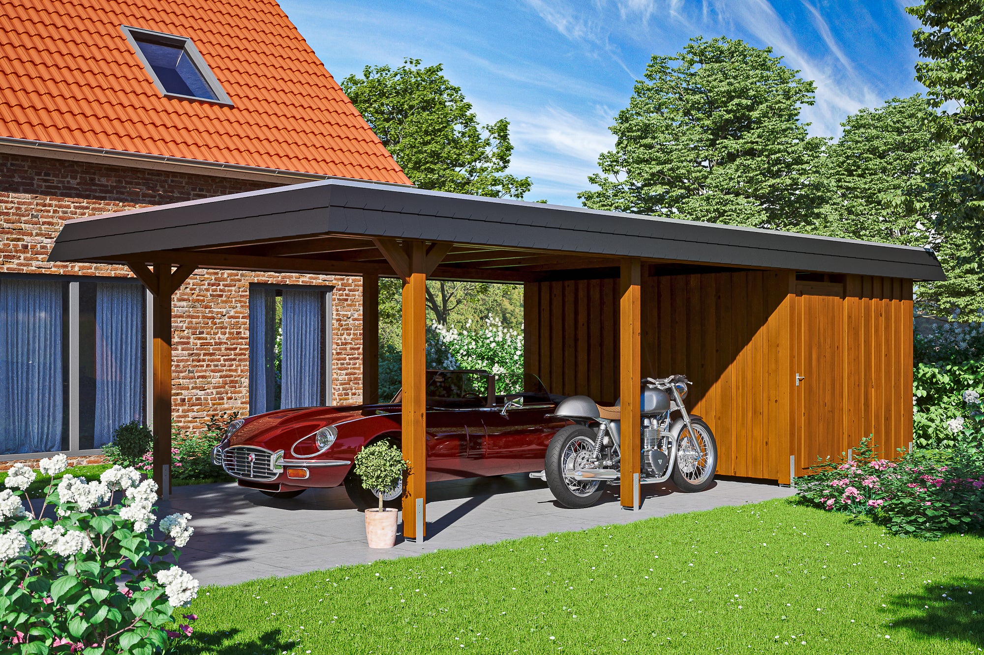 Carport bois SKAN HOLZ Wendland 409x870cm avec remise, planches de toit et EPDM, bandeau noir ...