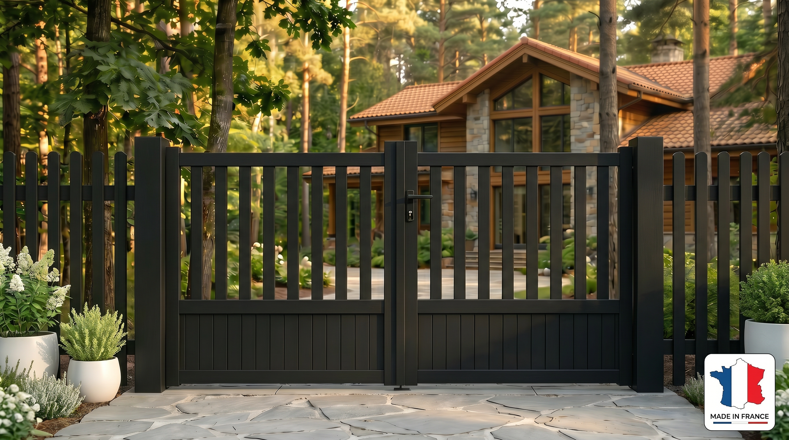 Portail battant aluminium ajouré - l.400 x H.150 cm - Noir RAL 9005 ...