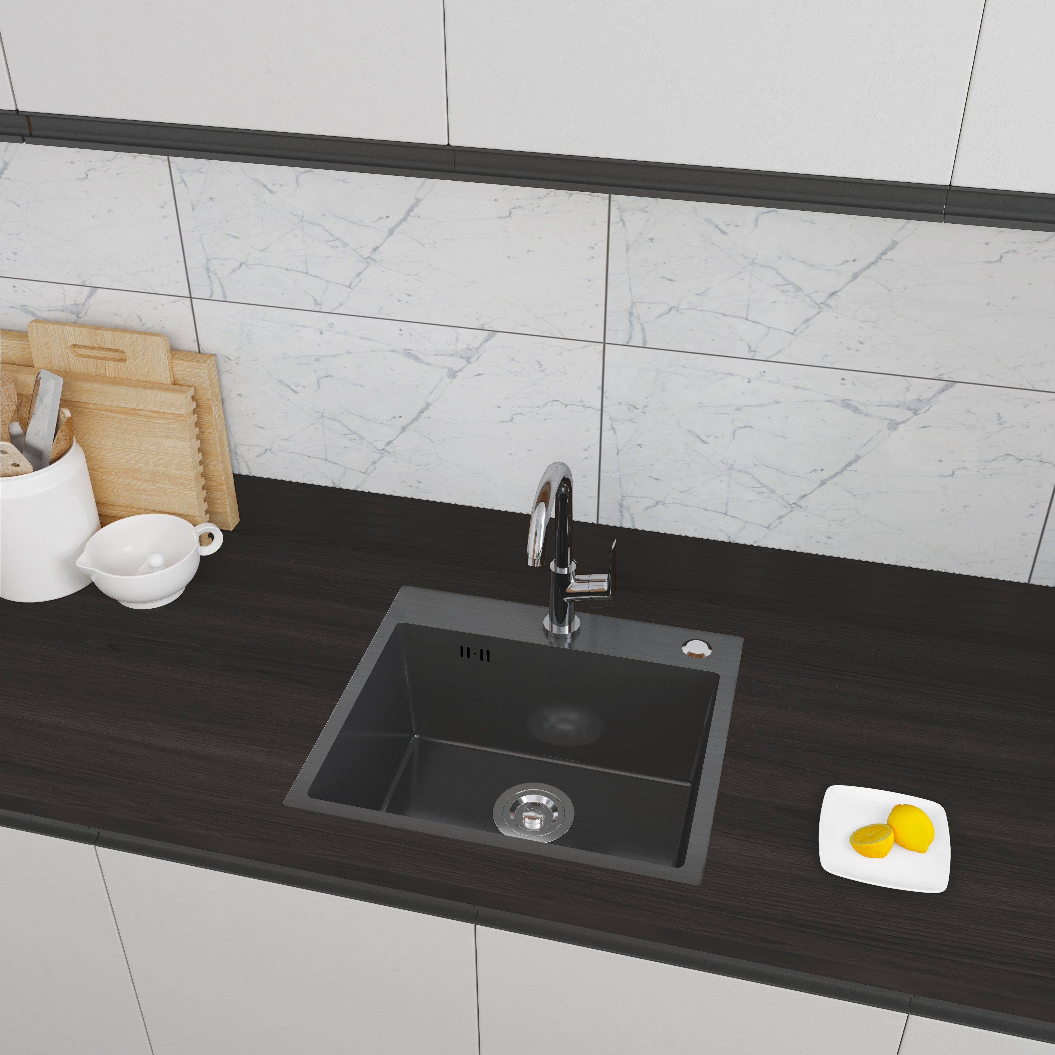 Ocean Évier Noir en Inox, 1 Bac 50x45cm, avec Trop-Plein et Vidange ...