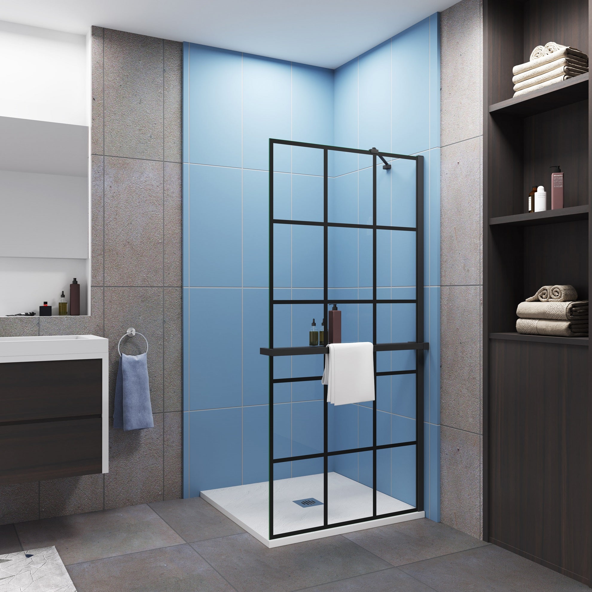 Paroi de douche italienne noire 100x200cm, avec une étagère 100cm + une ...