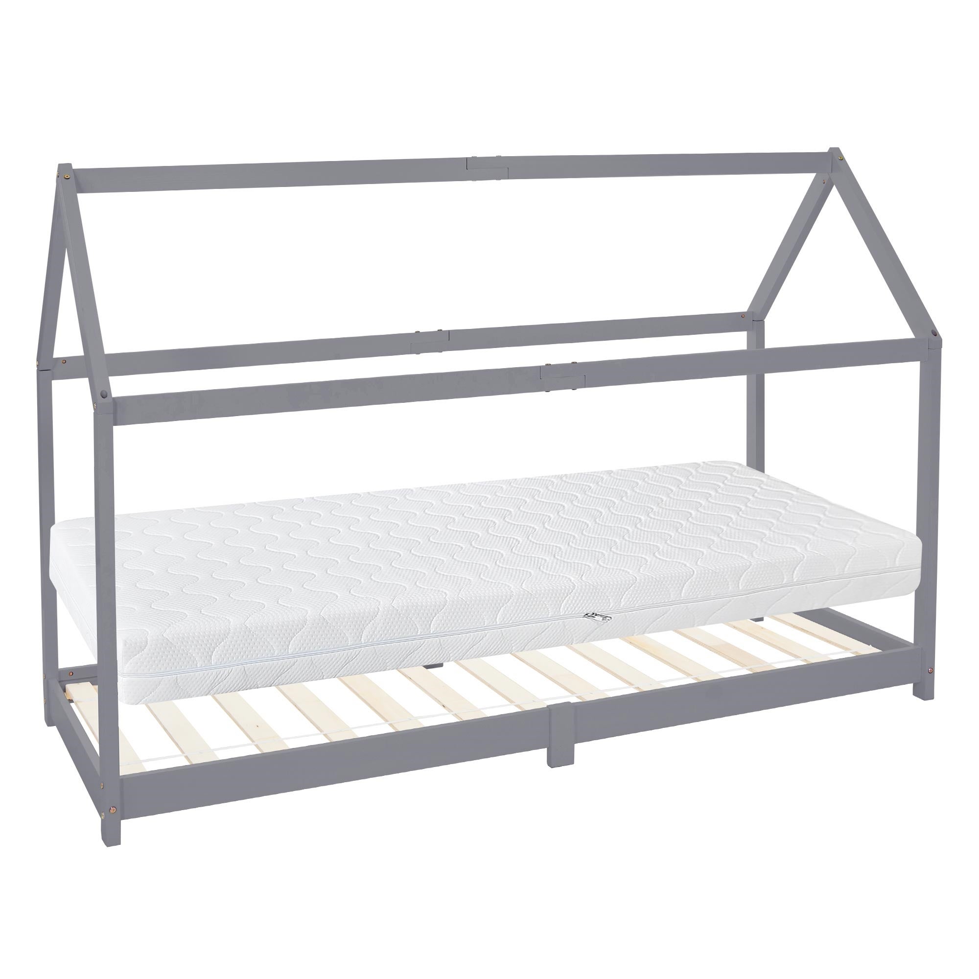 Lit enfant + matelas Lit maison Lit bois Sommier à lattes Gris clair ...