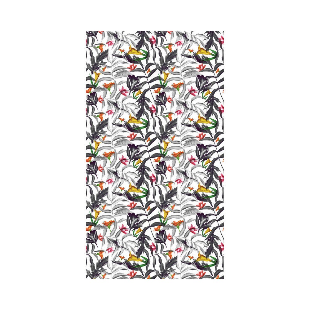 Foliage, rideau imprimé feuilles noir et blanc et fleurs colorées ...