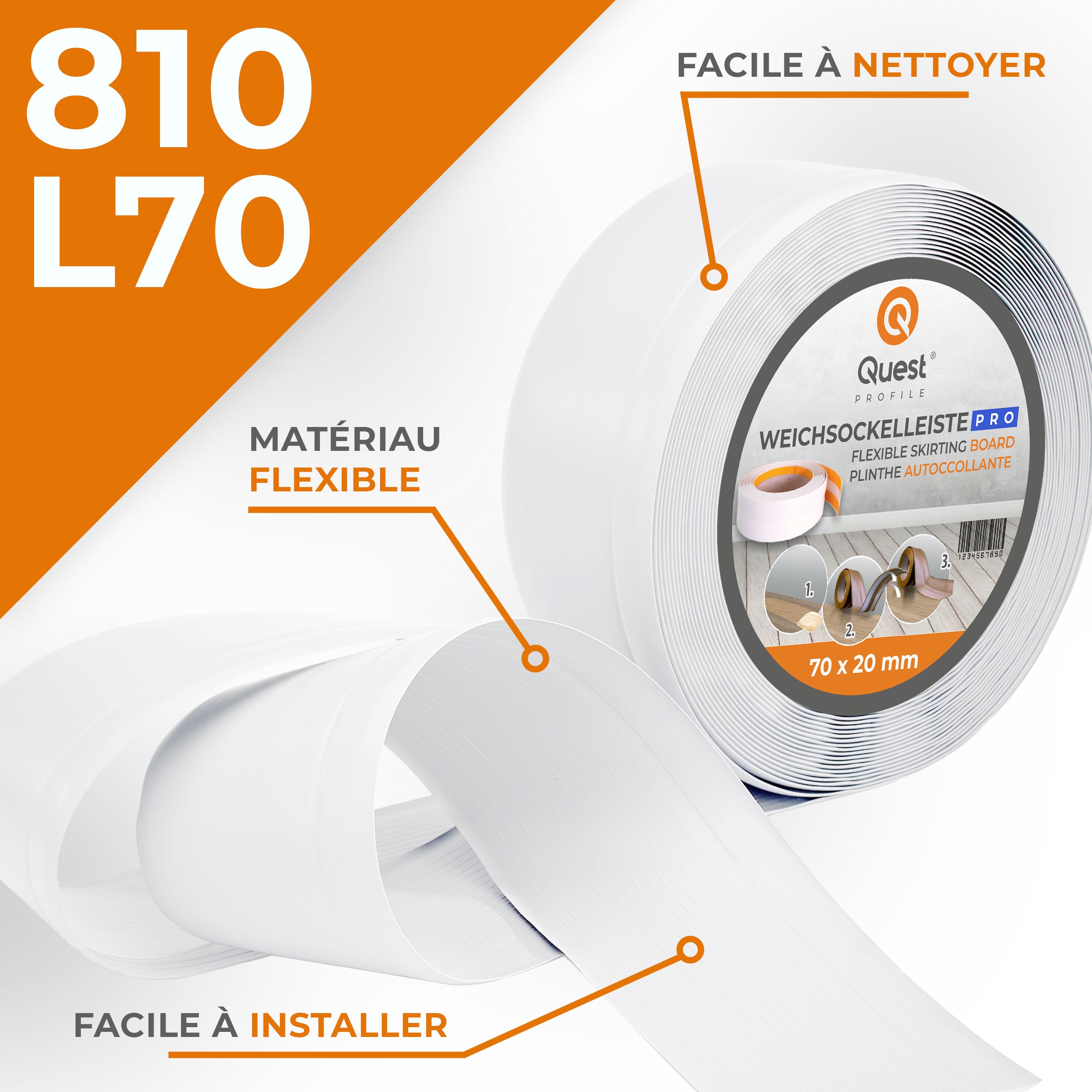 QUEST Plinthe en PVC Flexible 70x20mm, 20m, Plinthe Souple et Élastique ...