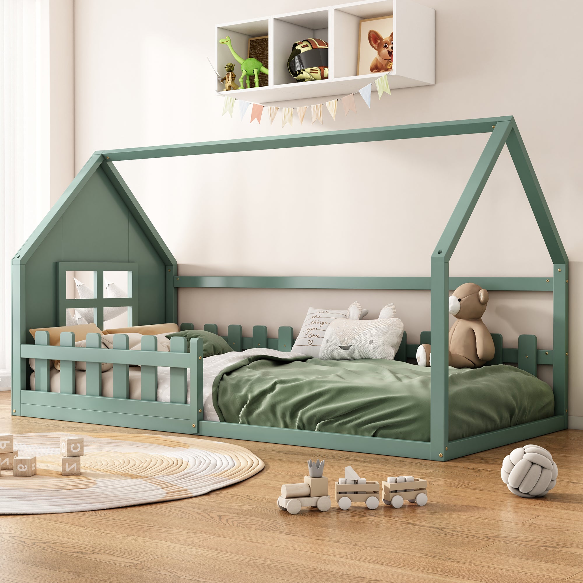 Lit cabane 90 x 200 cm, lit enfant avec fenêtre, Bois en pin, Sommier à ...