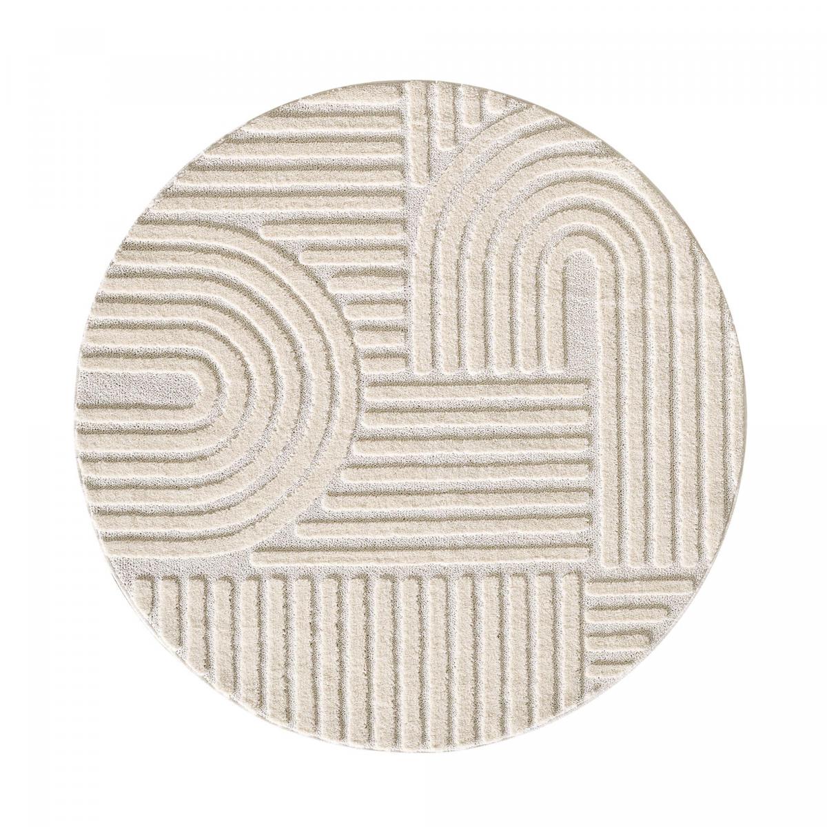 Alfombra salón redonda Ø 120 cm, motivo geométrico en relieve, crema ...