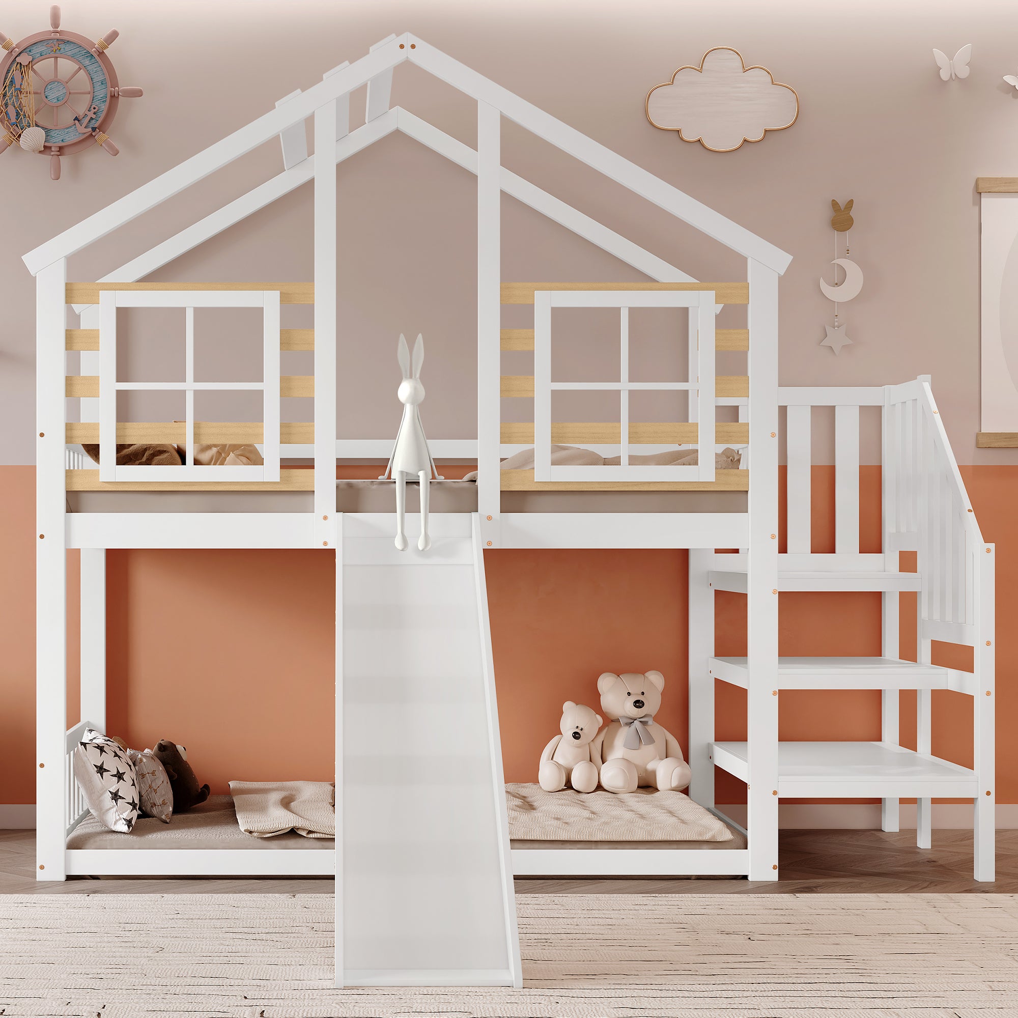 Litera infantil, cabina de madera maciza, color blanco (90x200 cm ...
