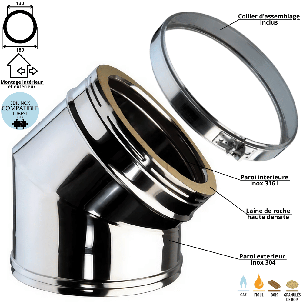Coude 45 degrés conduit double paroi isolé Edilinox - Diamètre 130 mm ...