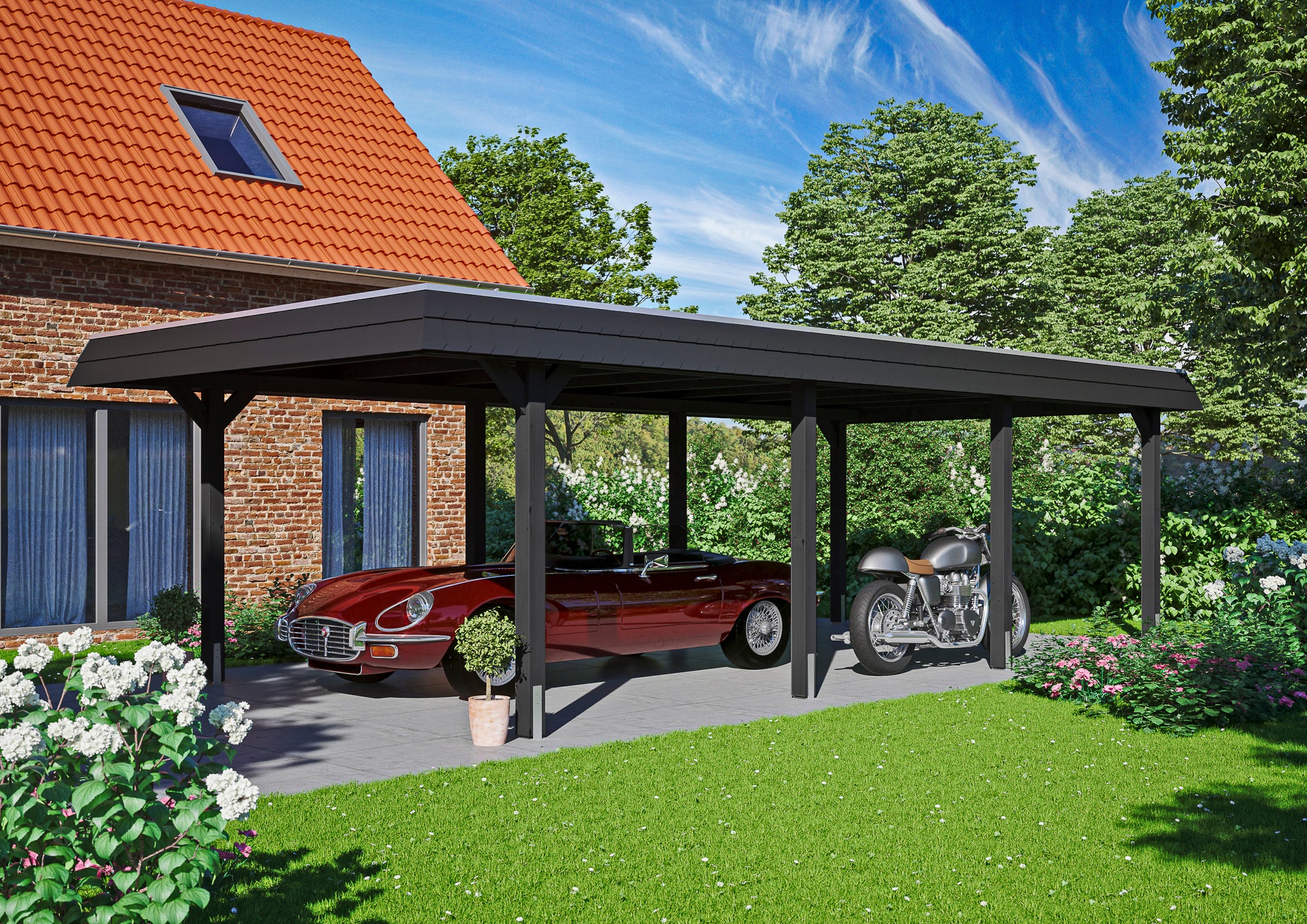 Carport bois SKAN HOLZ Wendland 409x870cm, toit en aluminium, bandeau noir, bois lamellé-collé ...