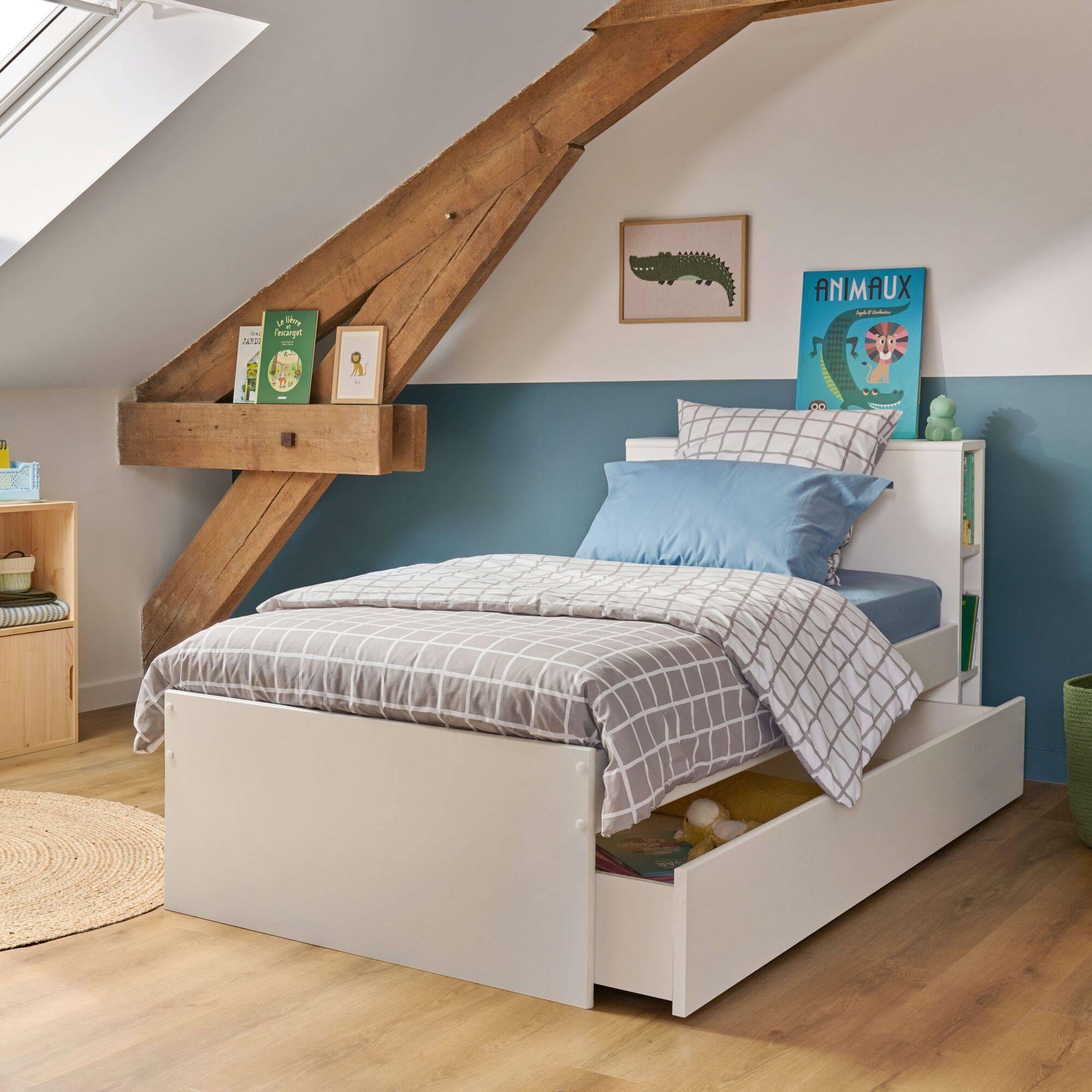 Lit rangement bois massif Sebastian CAMIF--Blanc/Bois | Leroy Merlin