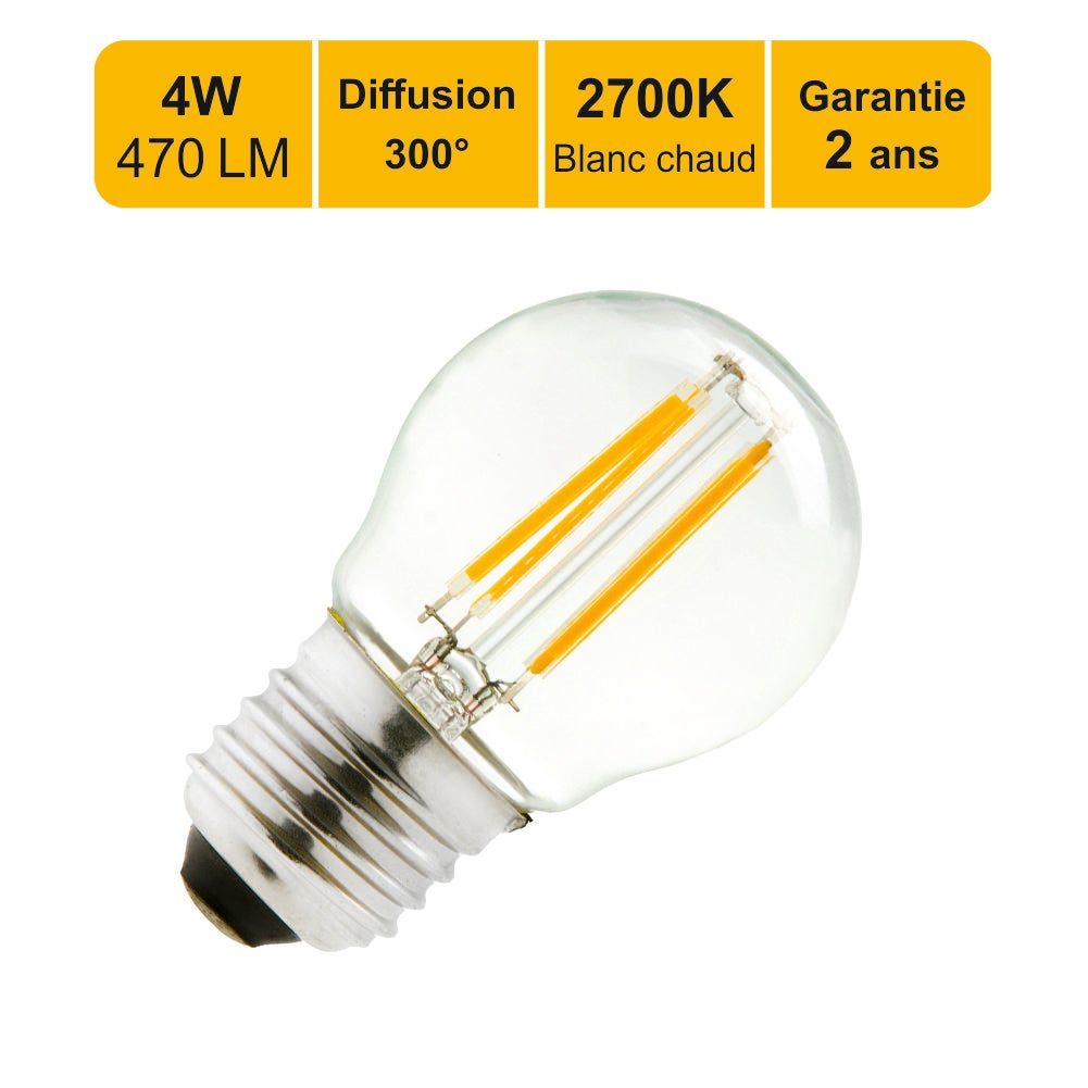 Ampoule LED filament E27 sphérique 4W 470Lm 2700K - garantie 2 ans ...