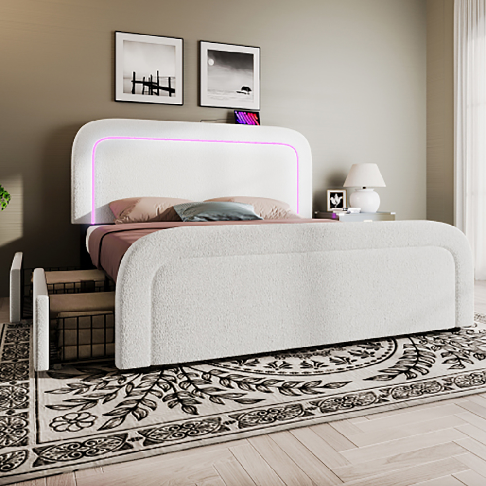 Lit adulte 160x200 cm Lit avec 4 tiroirs avec USB Type C éclairage LED ...