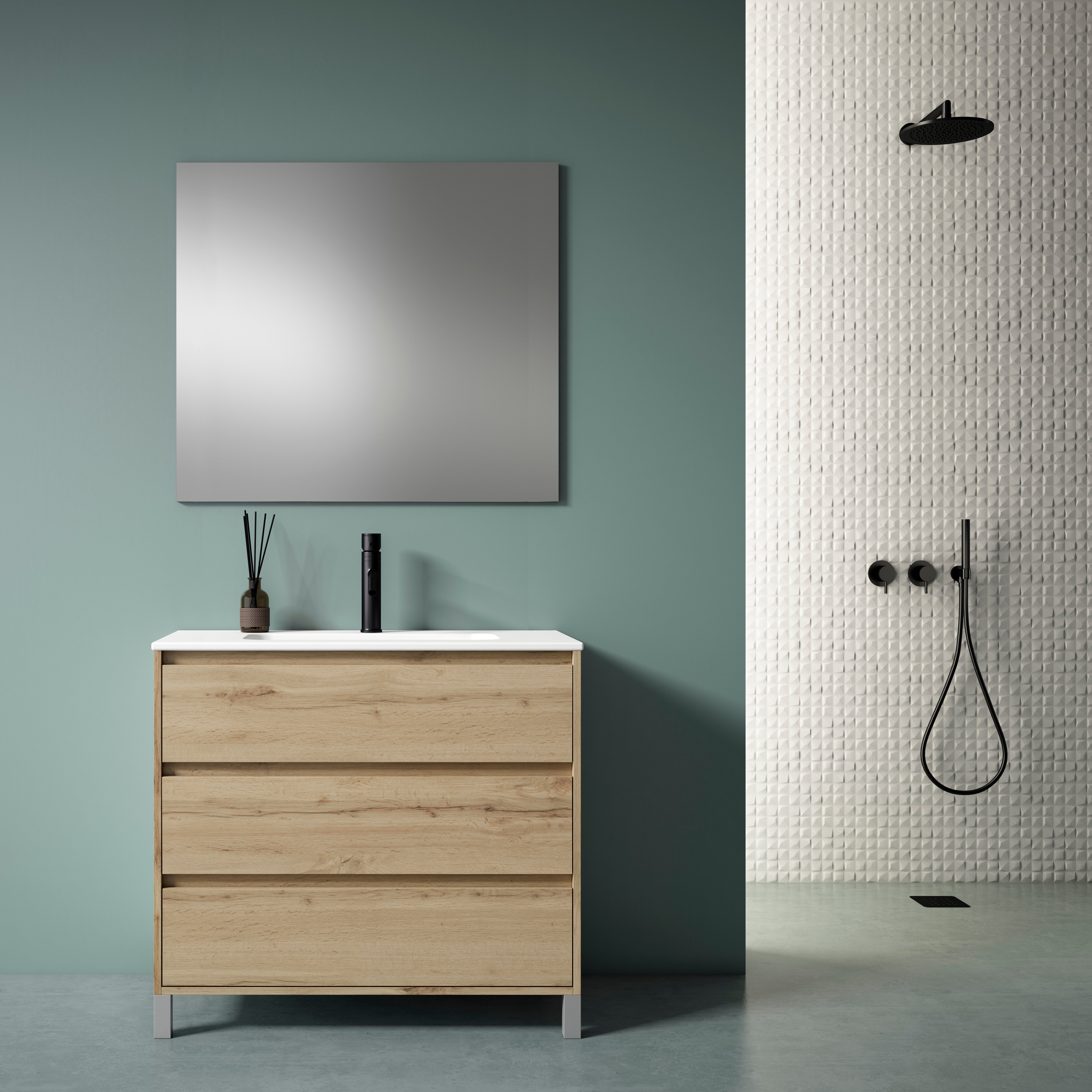 Conjunto mueble Jade 90 cm 3C, Roble Hércules + lavabo 1S | Leroy Merlin