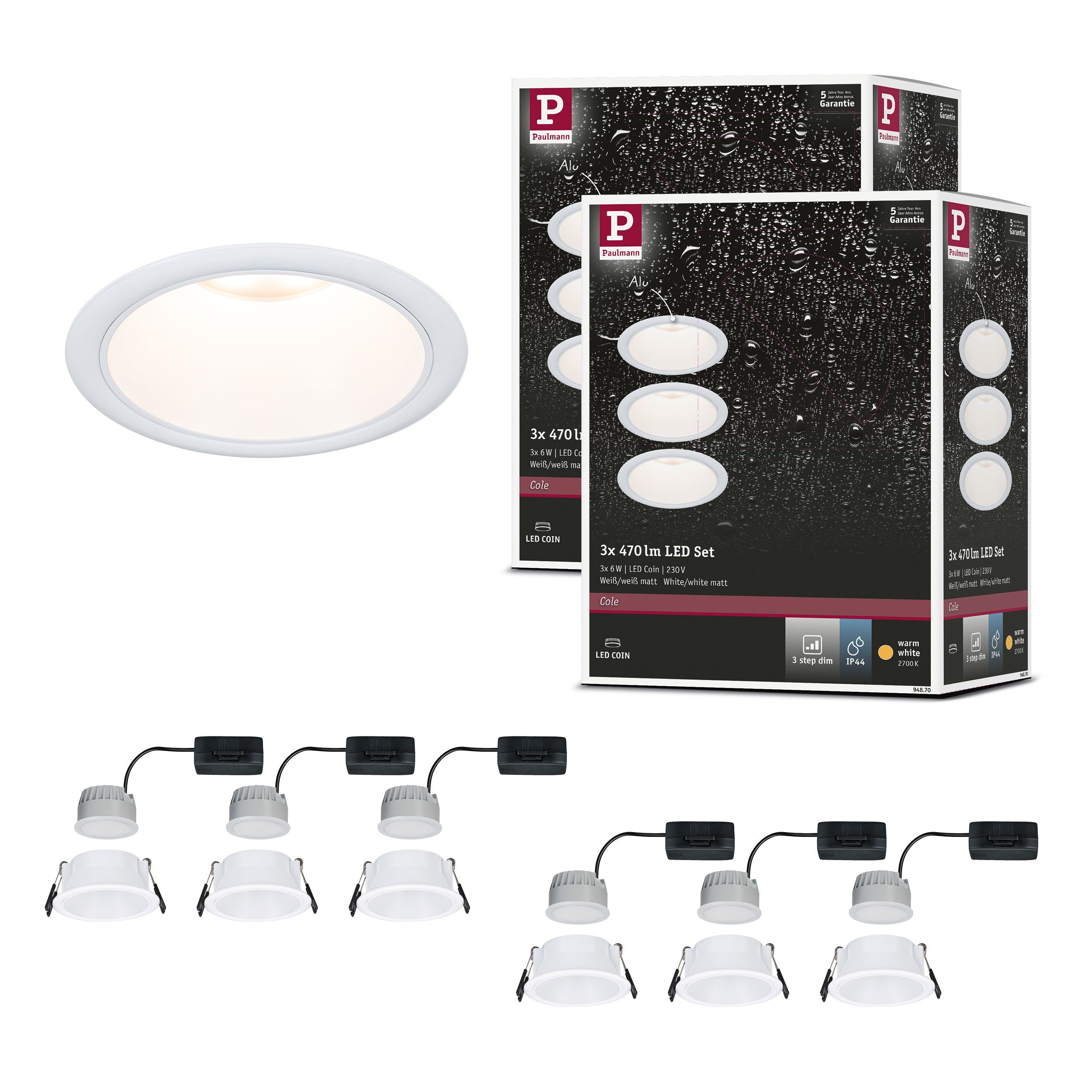 Kit Spot encastré LED Cole Coin Kit de 6 IP44 88mm Coin 6x6W 6x470lm ...