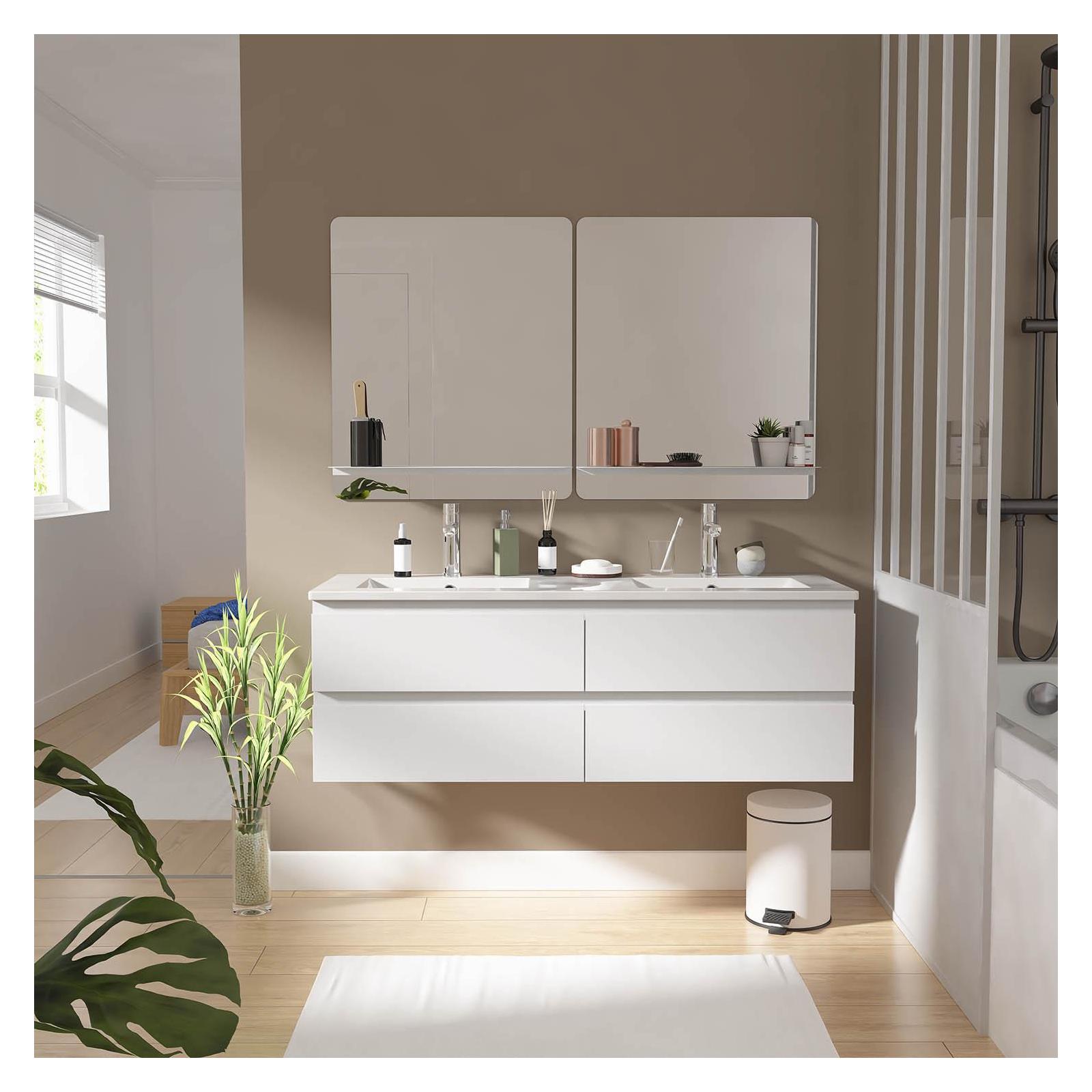 Meuble double vasque 120cm avec plan céramique SORRENTO Blanc + miroir ...