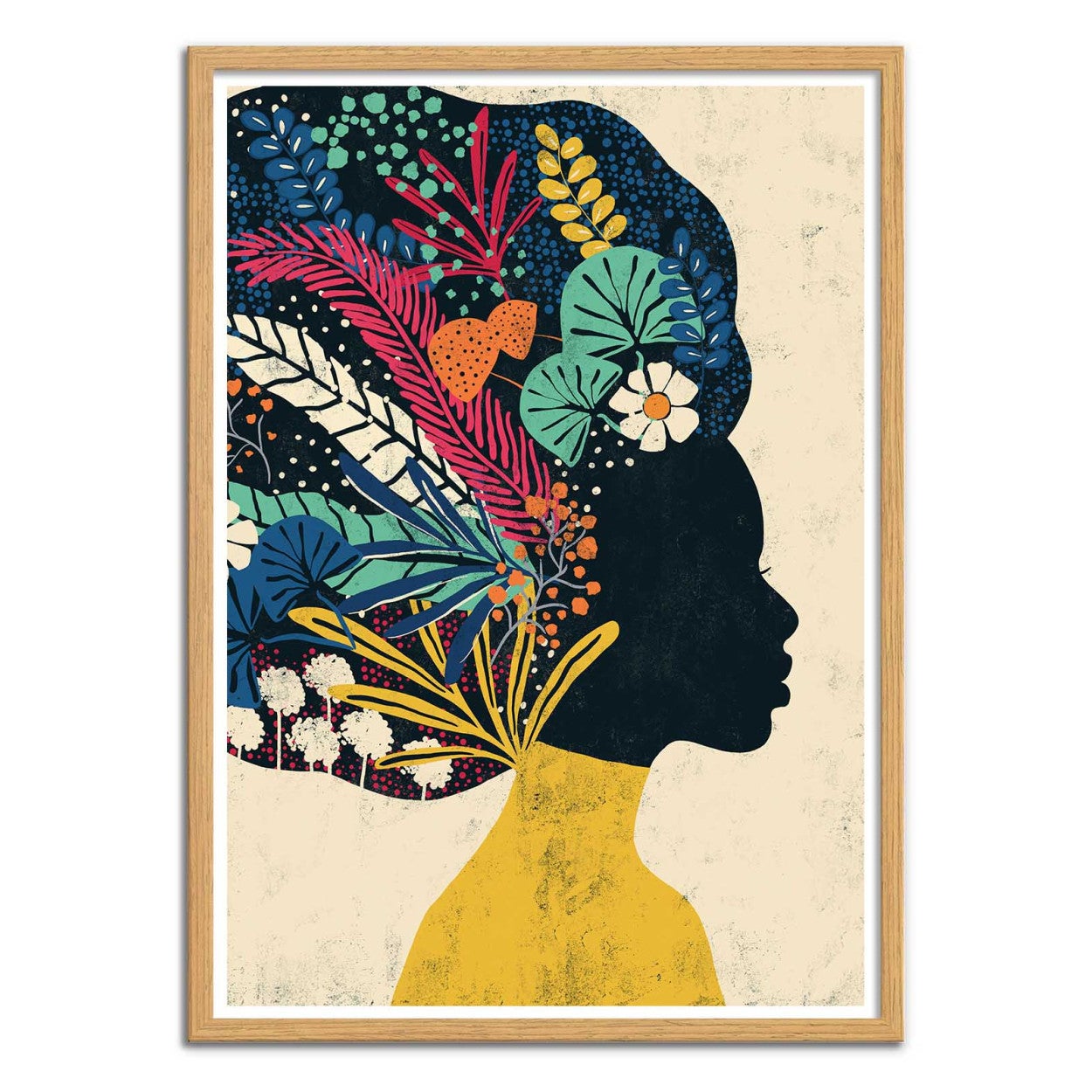 Art-Poster - Afro Woman - Cats and Dotz by The Artcicle - avec cadre chêne 50 x 70 cm | Leroy Merlin